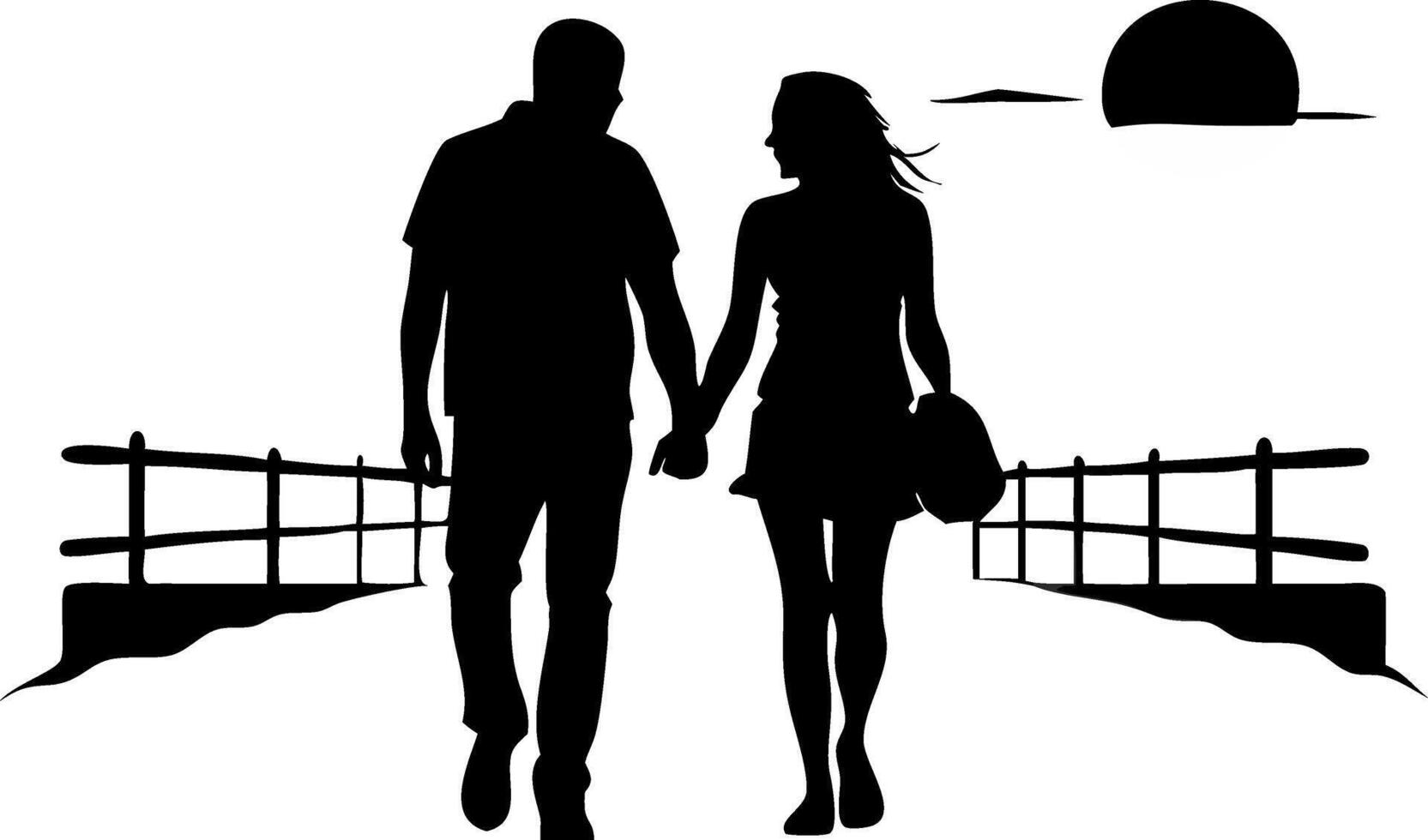 Romantic Couple Walking Silhouette on Pier at Sunset Art 56214970 ...