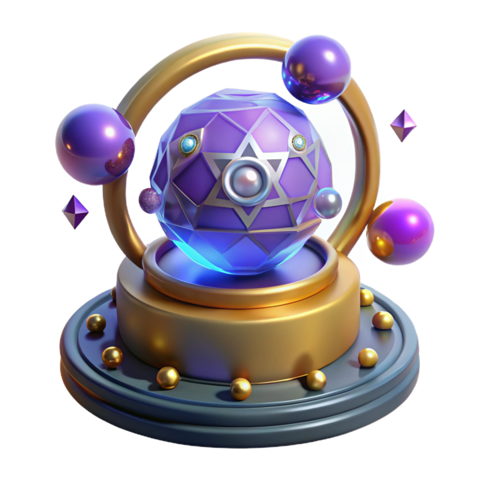 Abstract 3d Render Geometric Orb On Pedestal With Floating Spheres