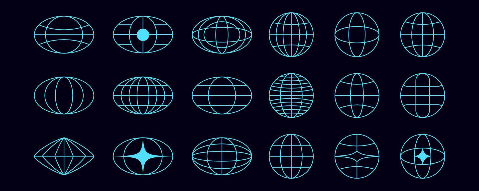 Cyberpunk 2D wireframe spheres and globes with mesh grids. Abstract geometric sphere net in neon ...