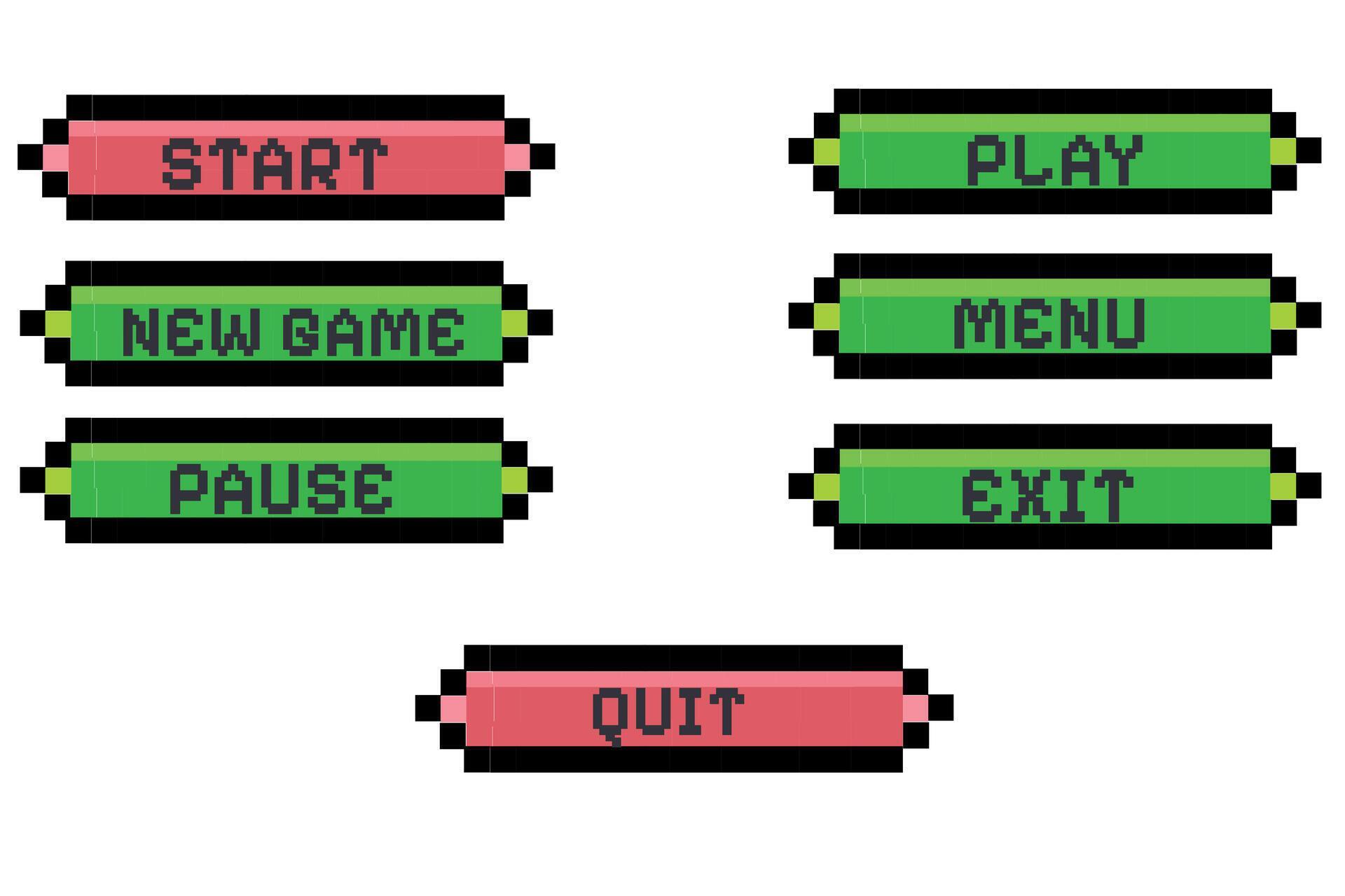 Pixel art game menu interface with retro start, play, pause, and exit buttons in classic 8bit ...