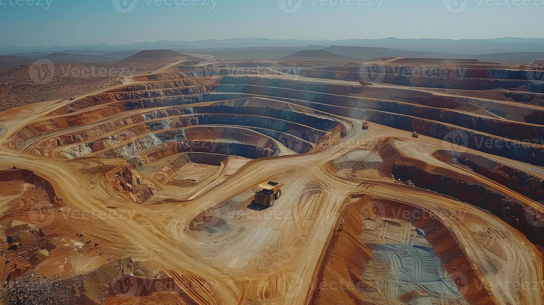 Vast open pit mining area features terraced layers of soil and rock. Heavy machinery works ...