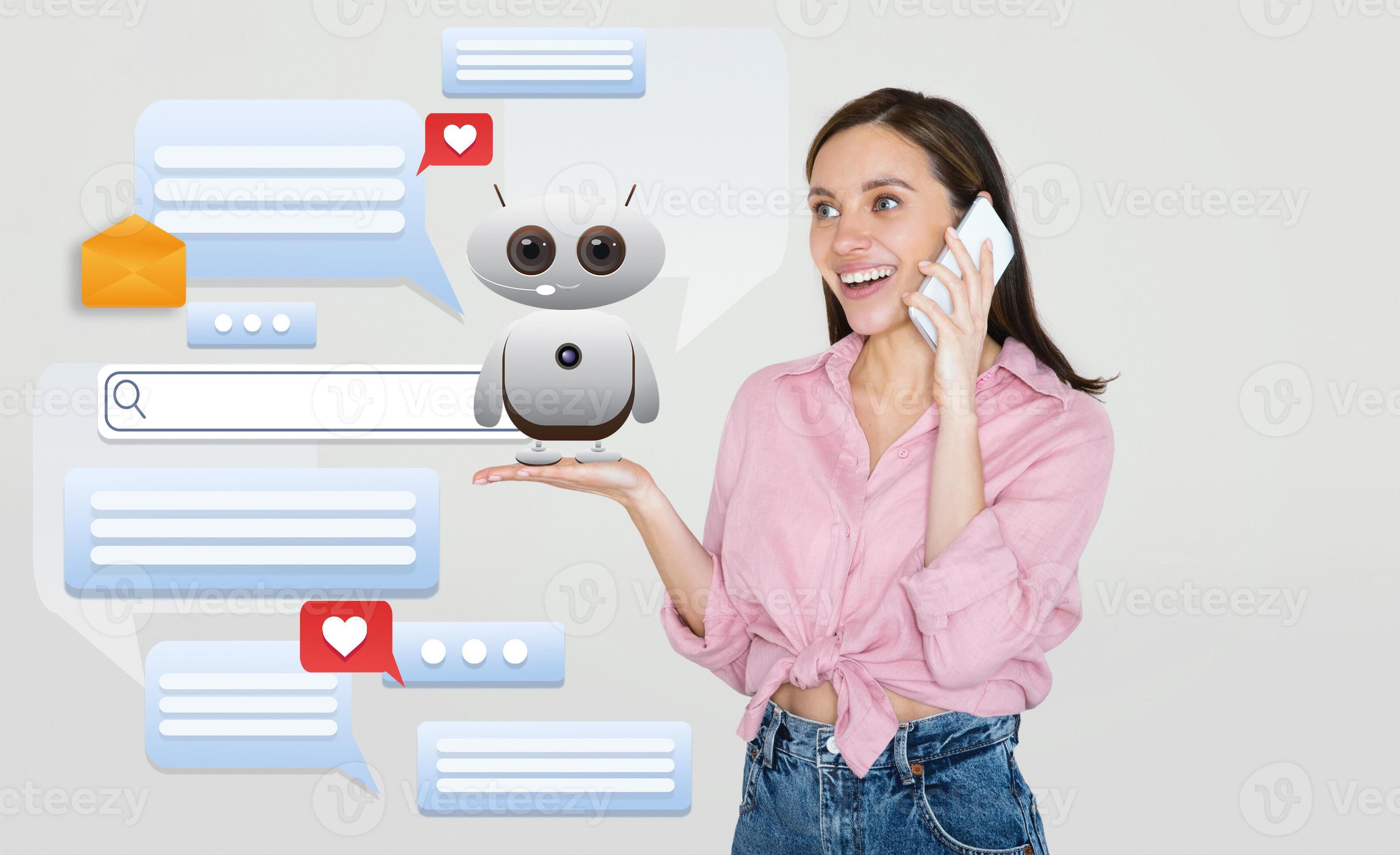 Lady is speaking on the phone while interacting with a virtual ...