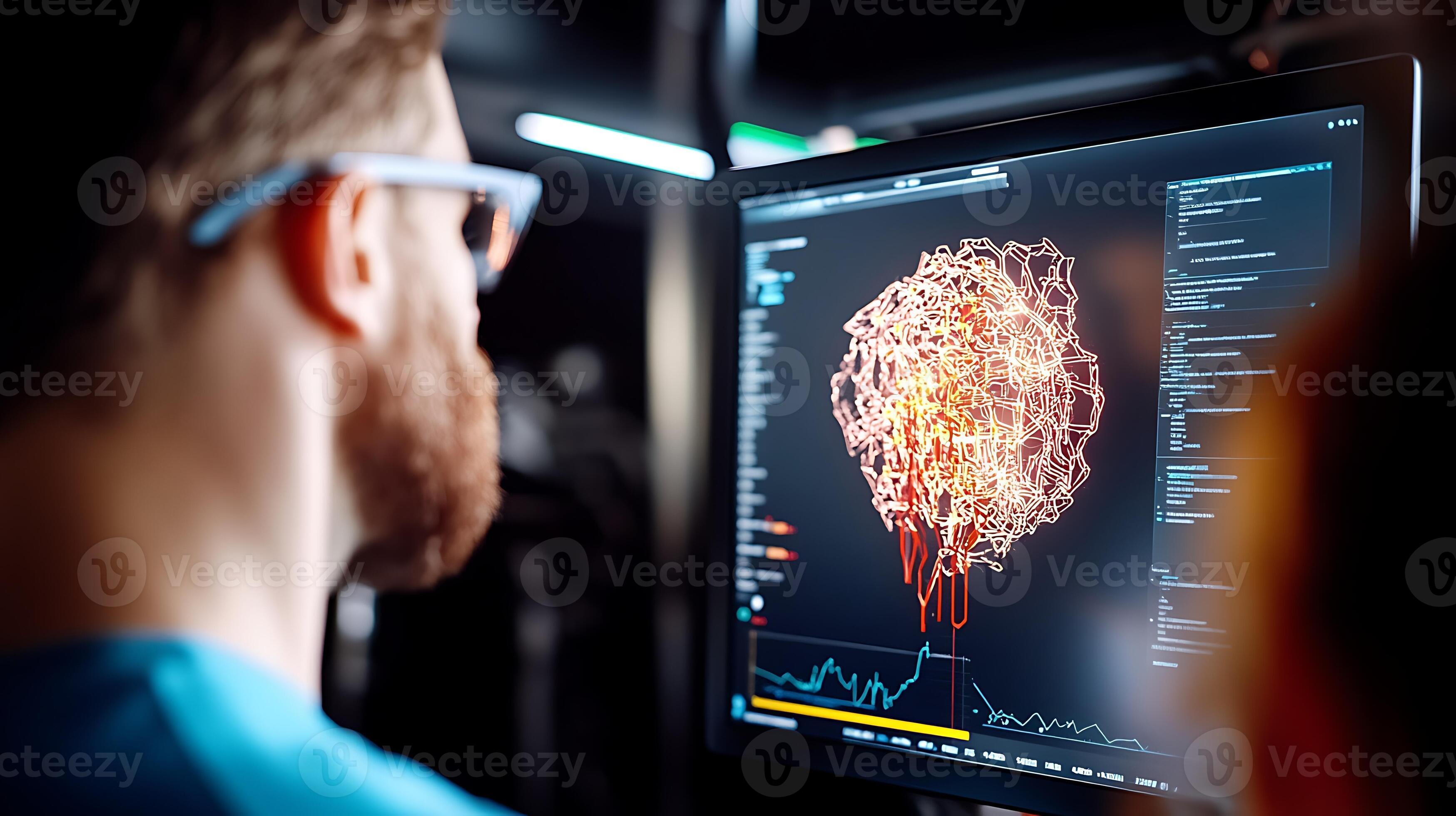 A focused individual analyzing complex data visualizations on a computer screen in a modern ...