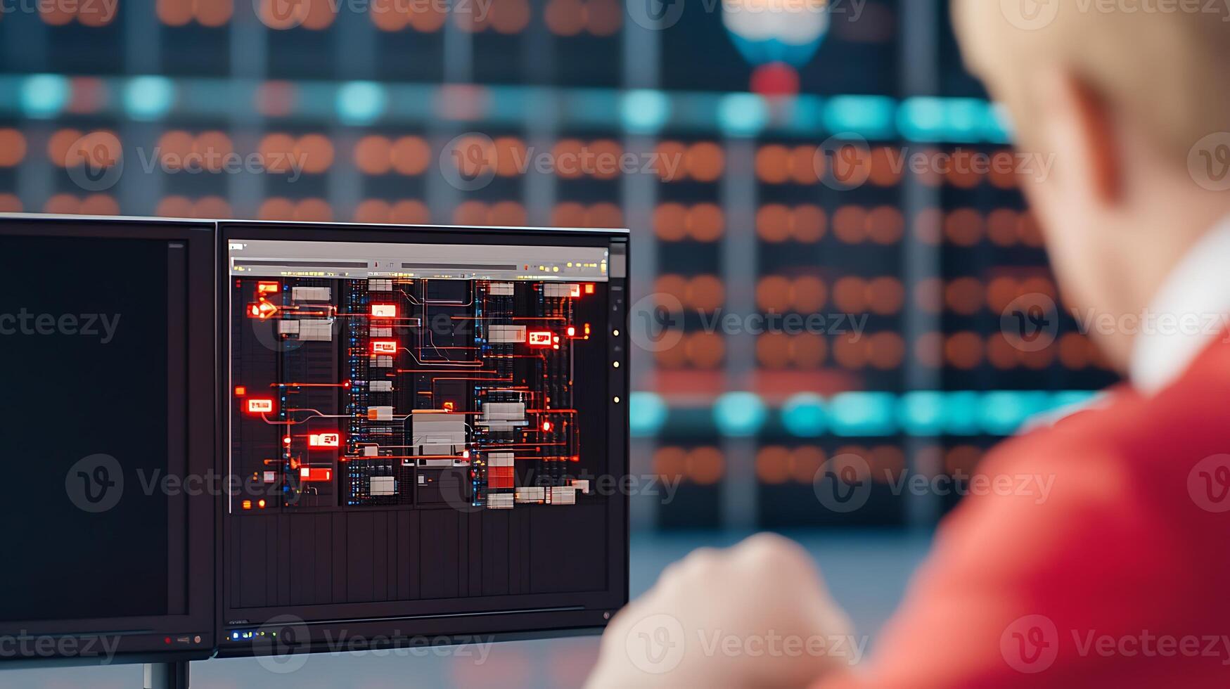 A focused individual monitoring complex data visualizations on dual screens in a high-tech ...