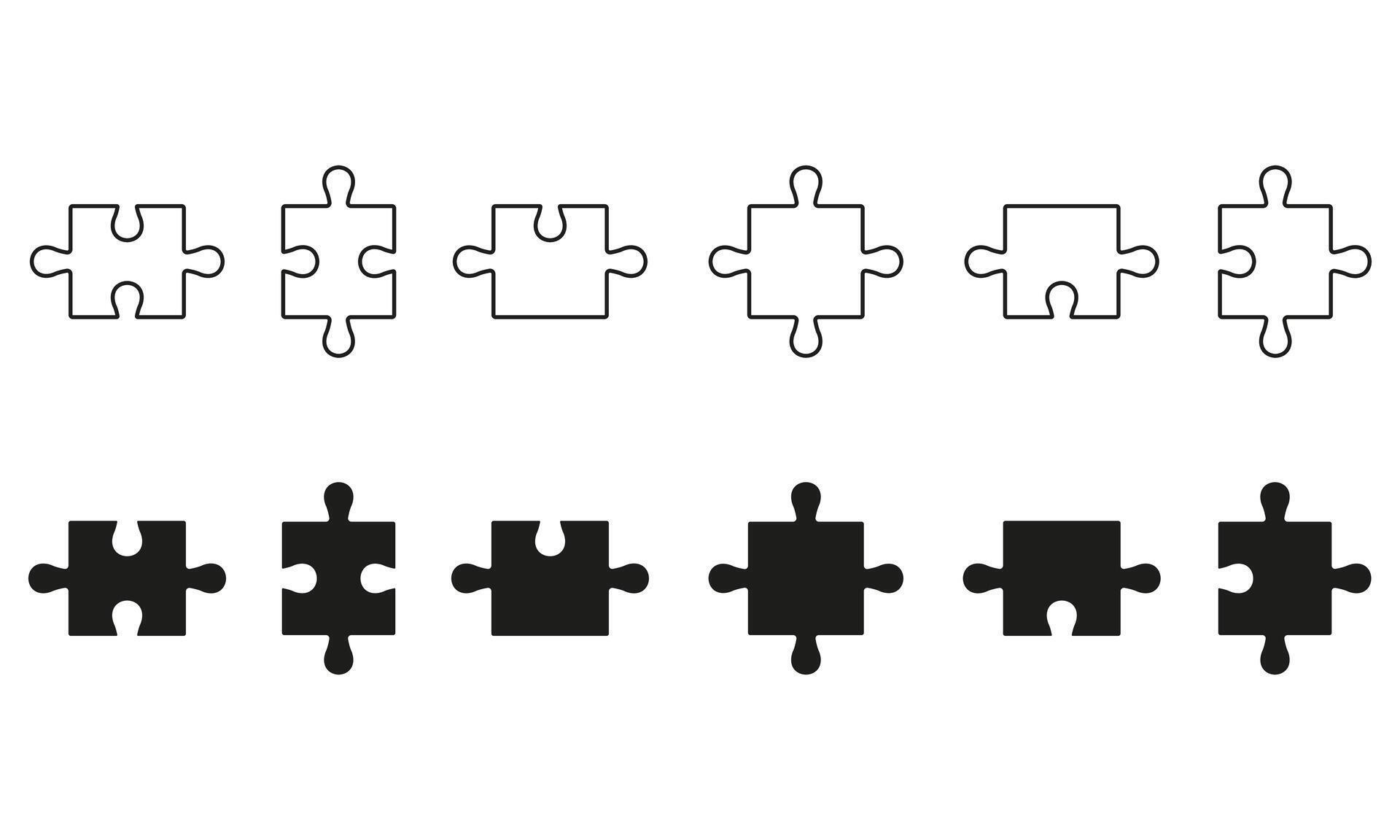 Puzzle Pieces Fit Line And Silhouette Icon Set Teamwork Idea Logic Game Combination Solution