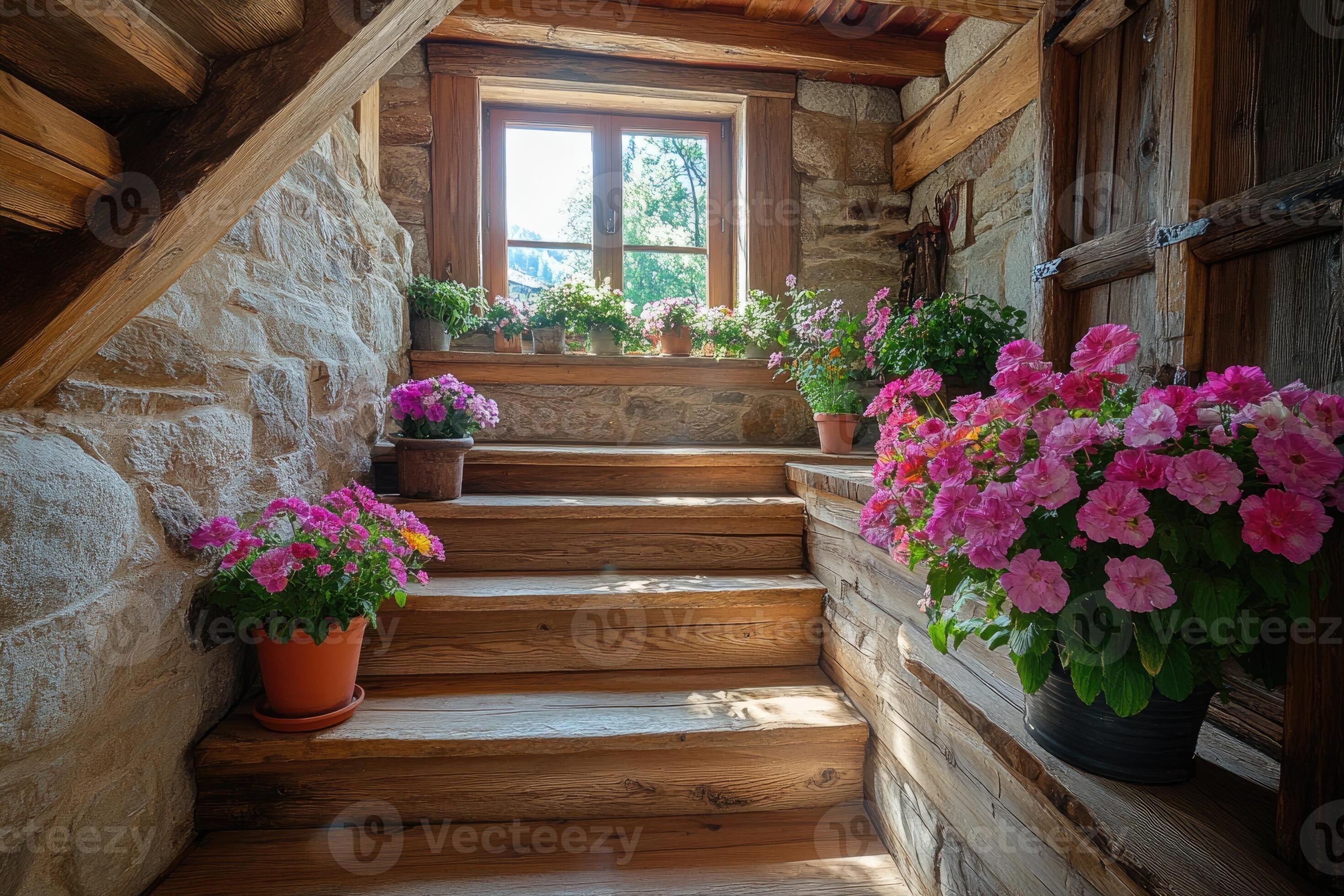 Pink flowers decorating wooden staircase in rustic chalet 56268061 Stock Photo at Vecteezy