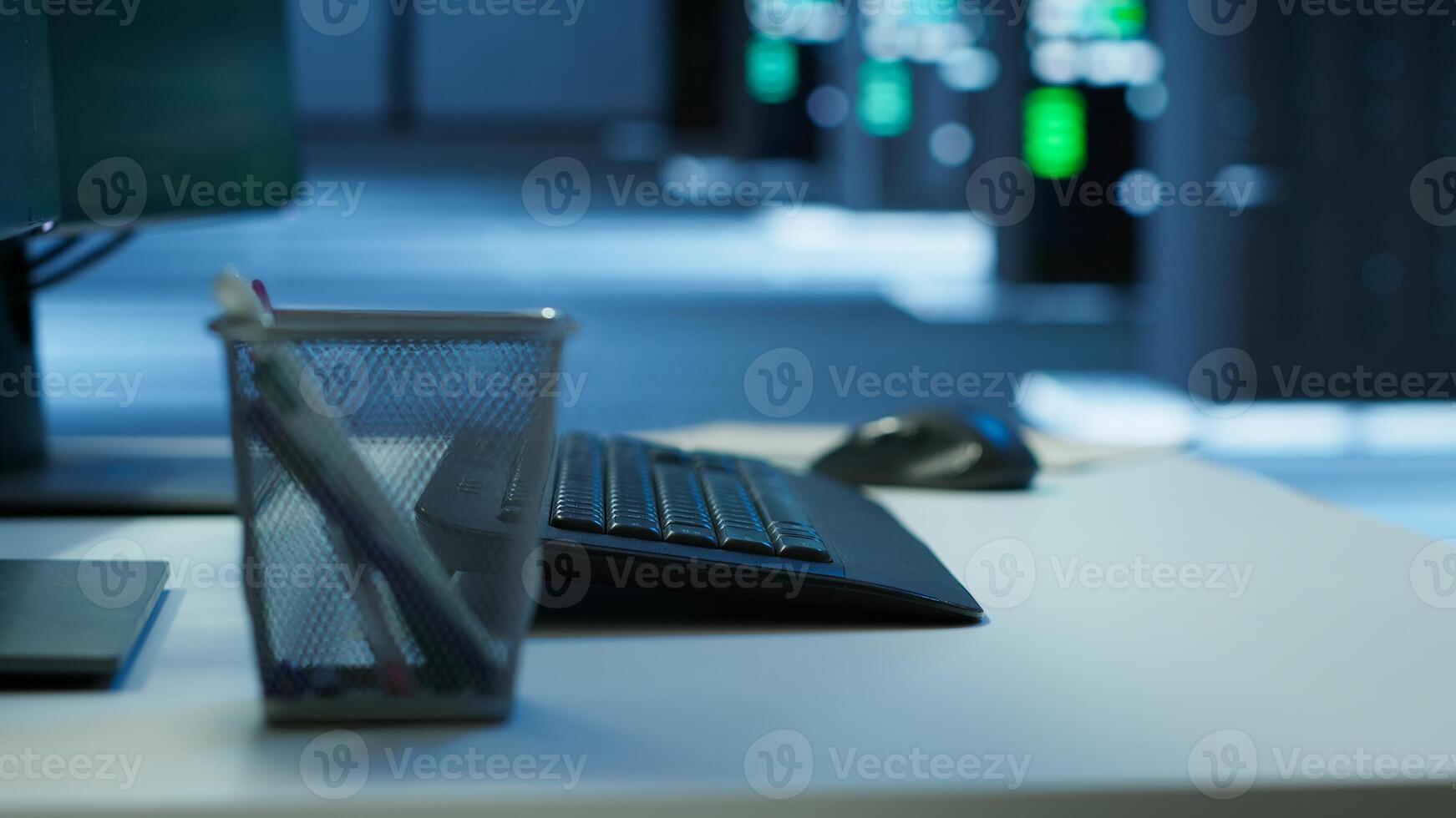 Devices In Data Center Office Used For Managing Supercomputers Gear Close Up On Computer