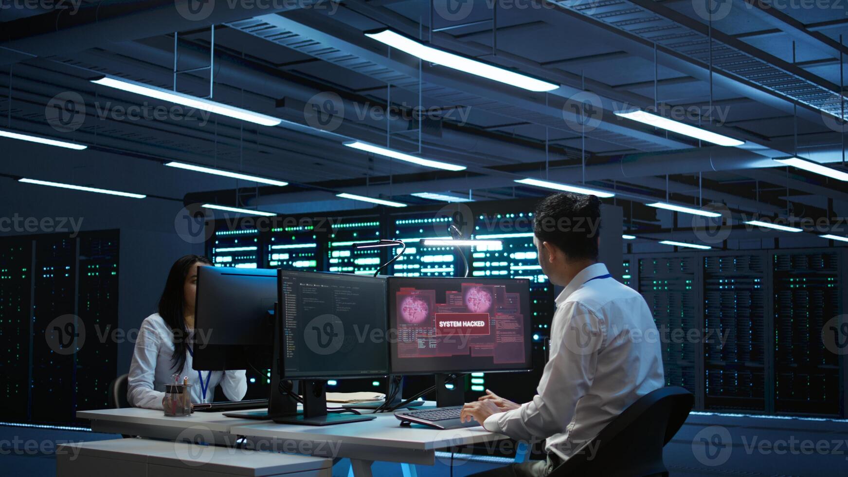 Team of programmers in server hub try to protect hardware from hacker attack stealing sensitive ...