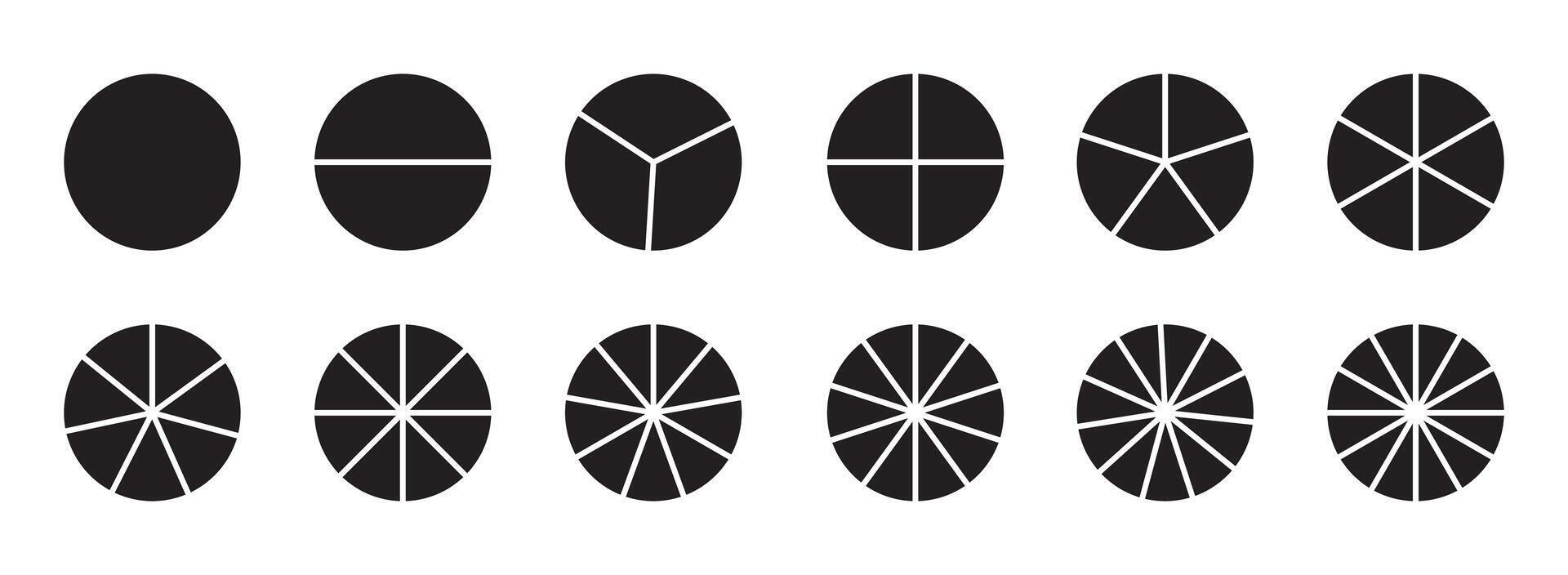 Segments of circle with 1 to 12, pieces. Info graphic icons circles set divided radius in black ...