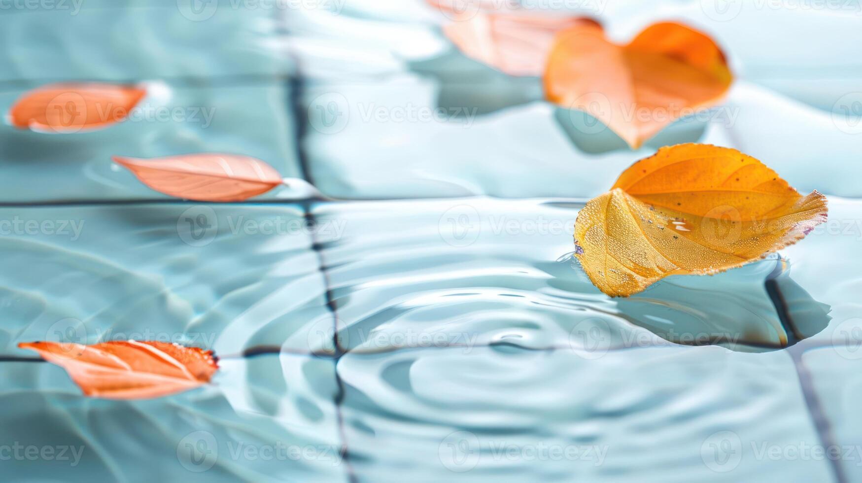 Autumn leaves floating on water surface with gentle ripples, creating a serene atmosphere ...