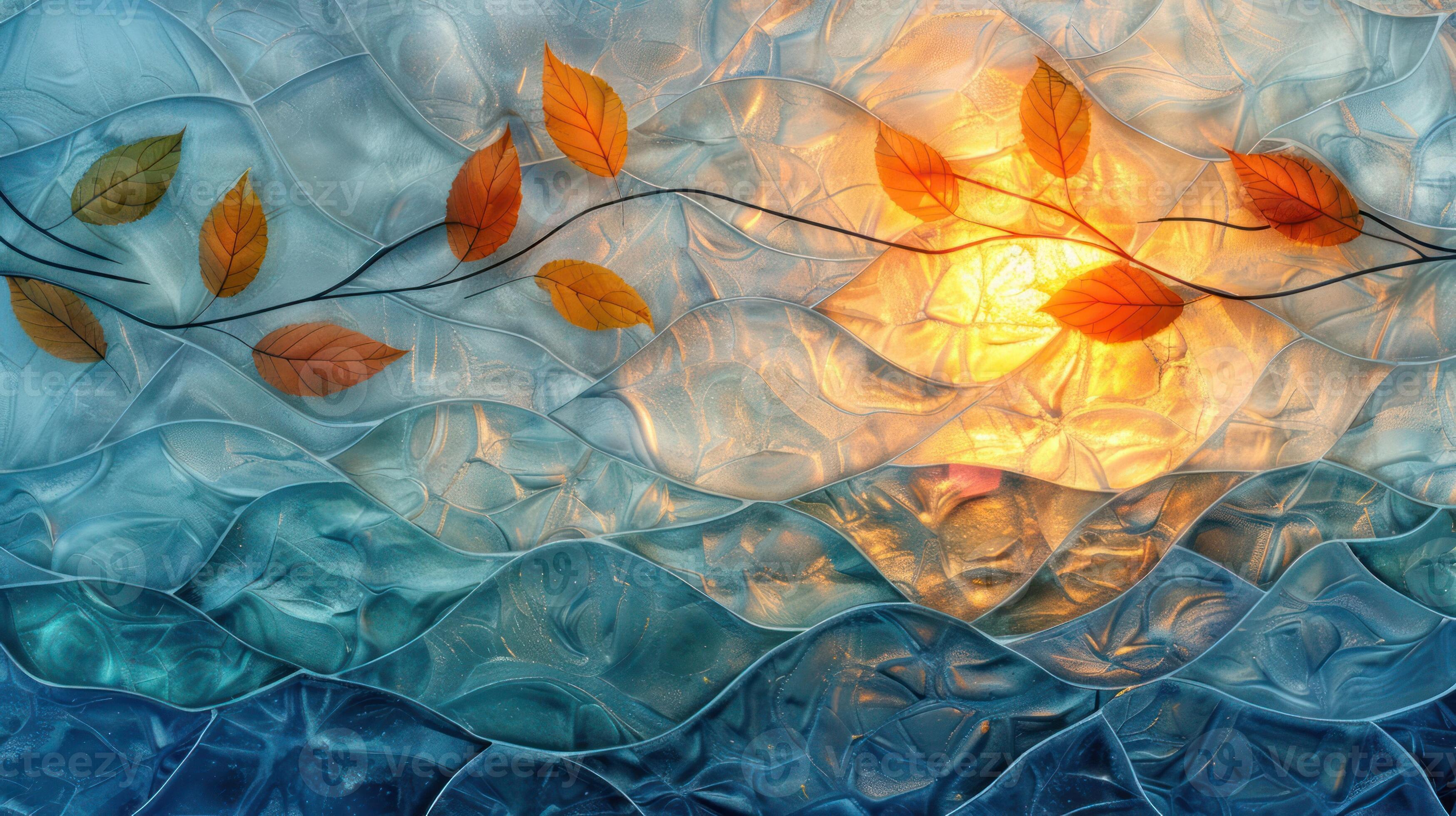 Abstract representation of leaves and sunlight through textured glass, evoking tranquility and ...