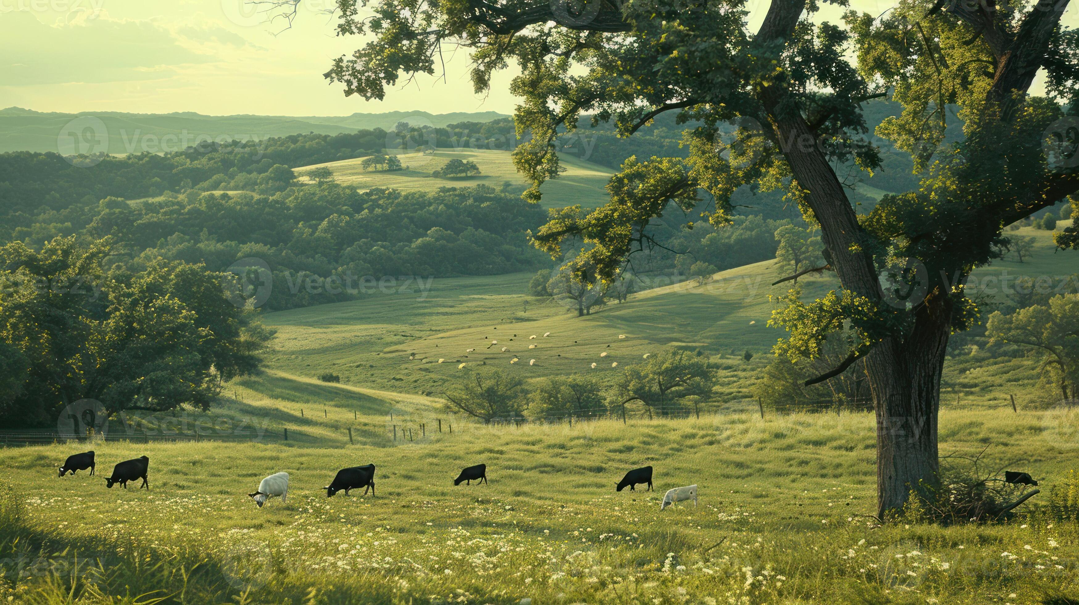Peaceful pastoral scene with grazing cattle in a lush green landscape under a bright sky ...
