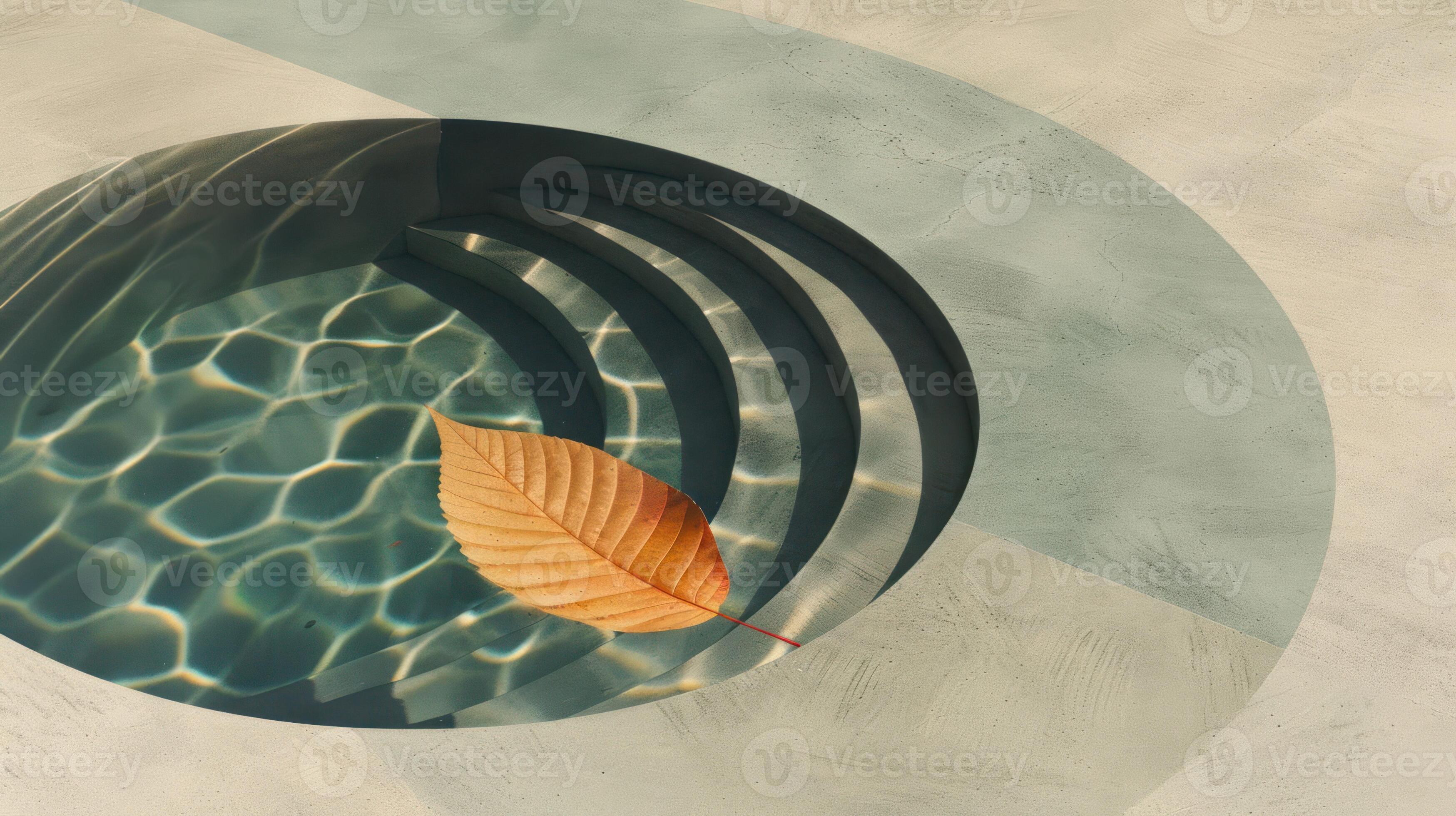 Serene water feature with a single leaf floating, showcasing tranquil steps and soft ripples ...