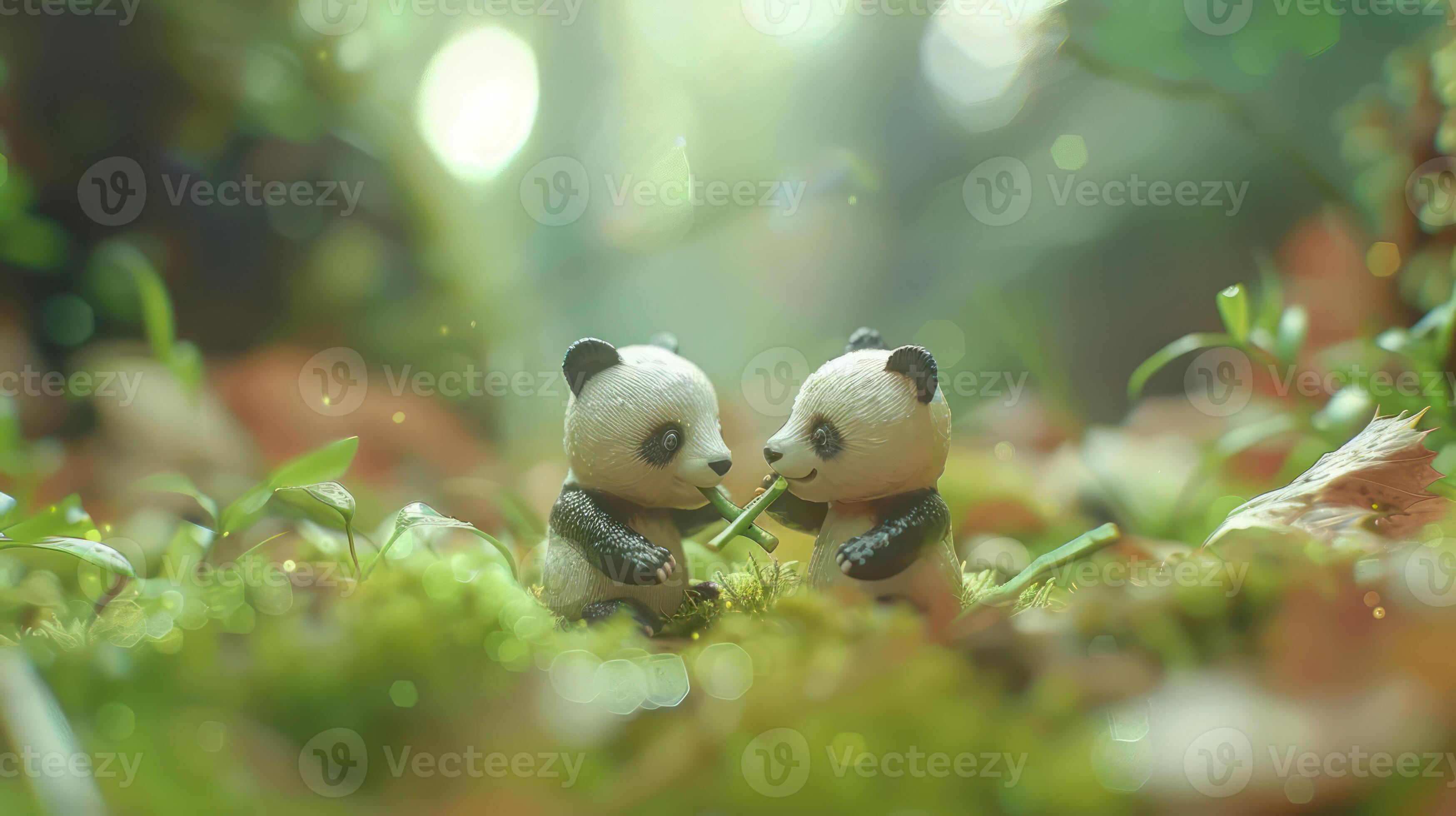 Two adorable panda cubs playfully sharing bamboo in a lush, vibrant forest setting 56301105 ...
