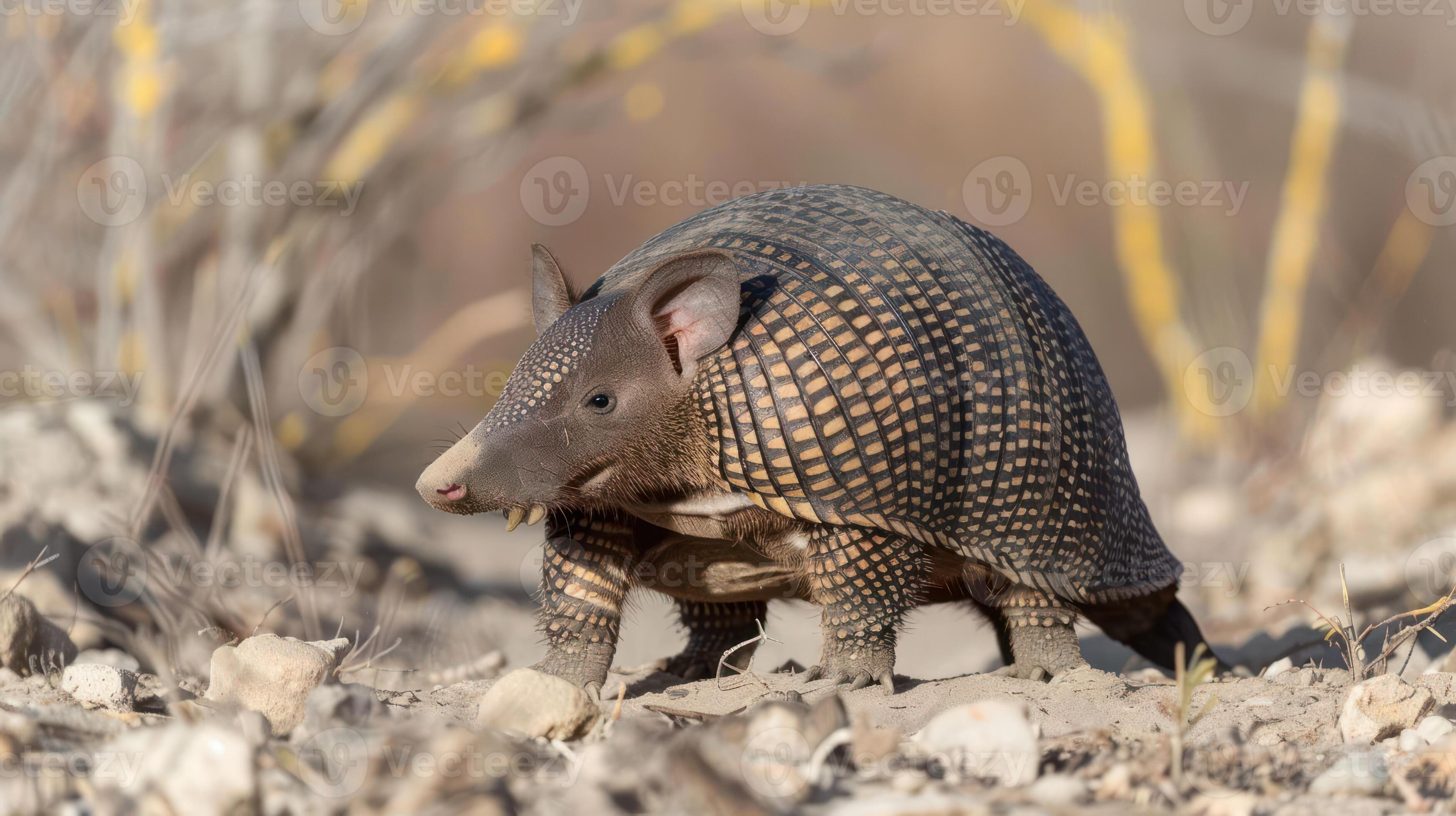 Armadillo walking across rocky terrain with blurred natural background indicating habitat ...