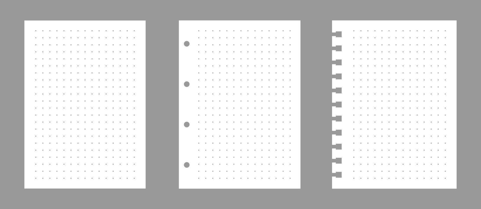 Set of notebook sheets isolated on gray background. Realistic white blanks of dots paper ...