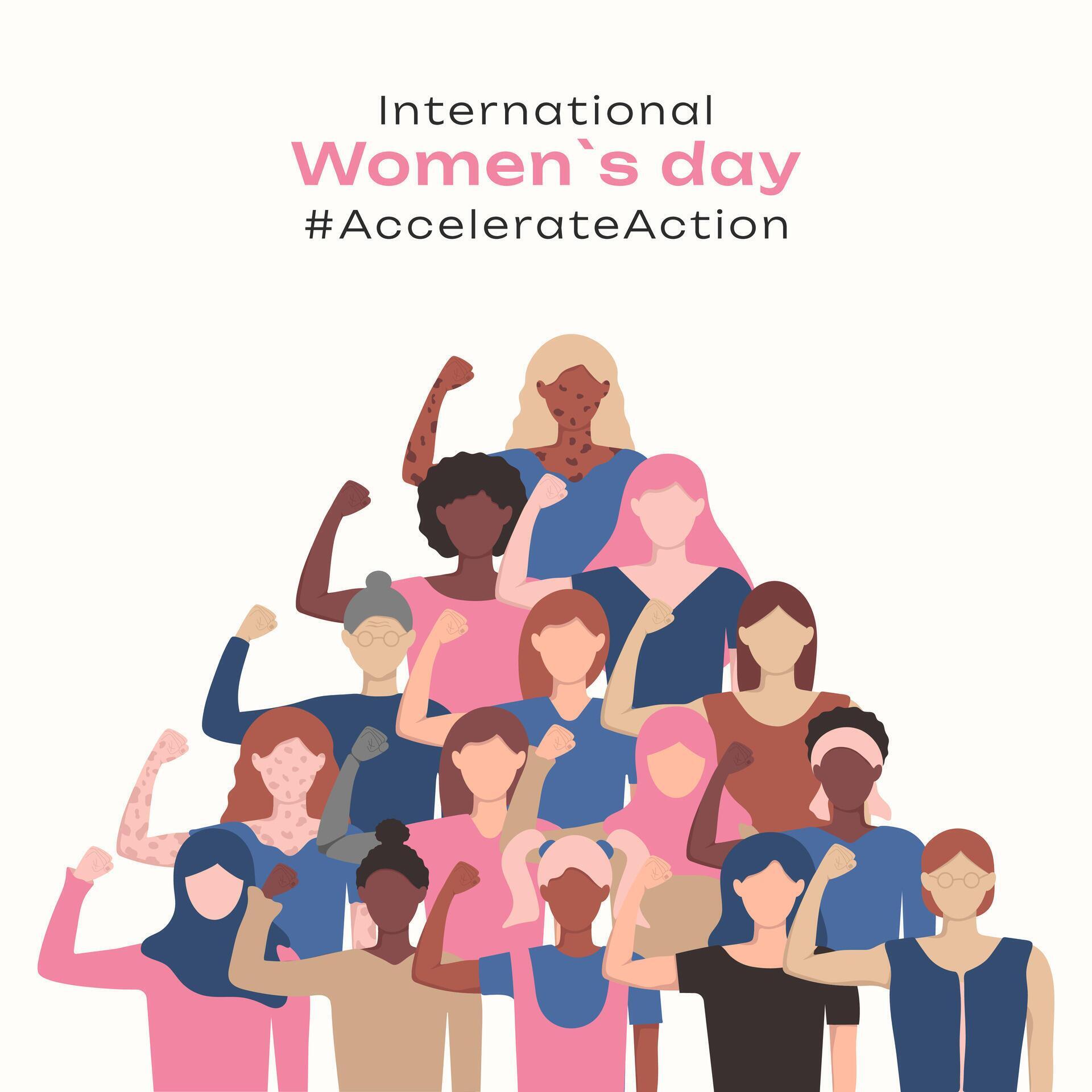 International Women's Day Accelerate Action 2025 poster template. Woman of different ...
