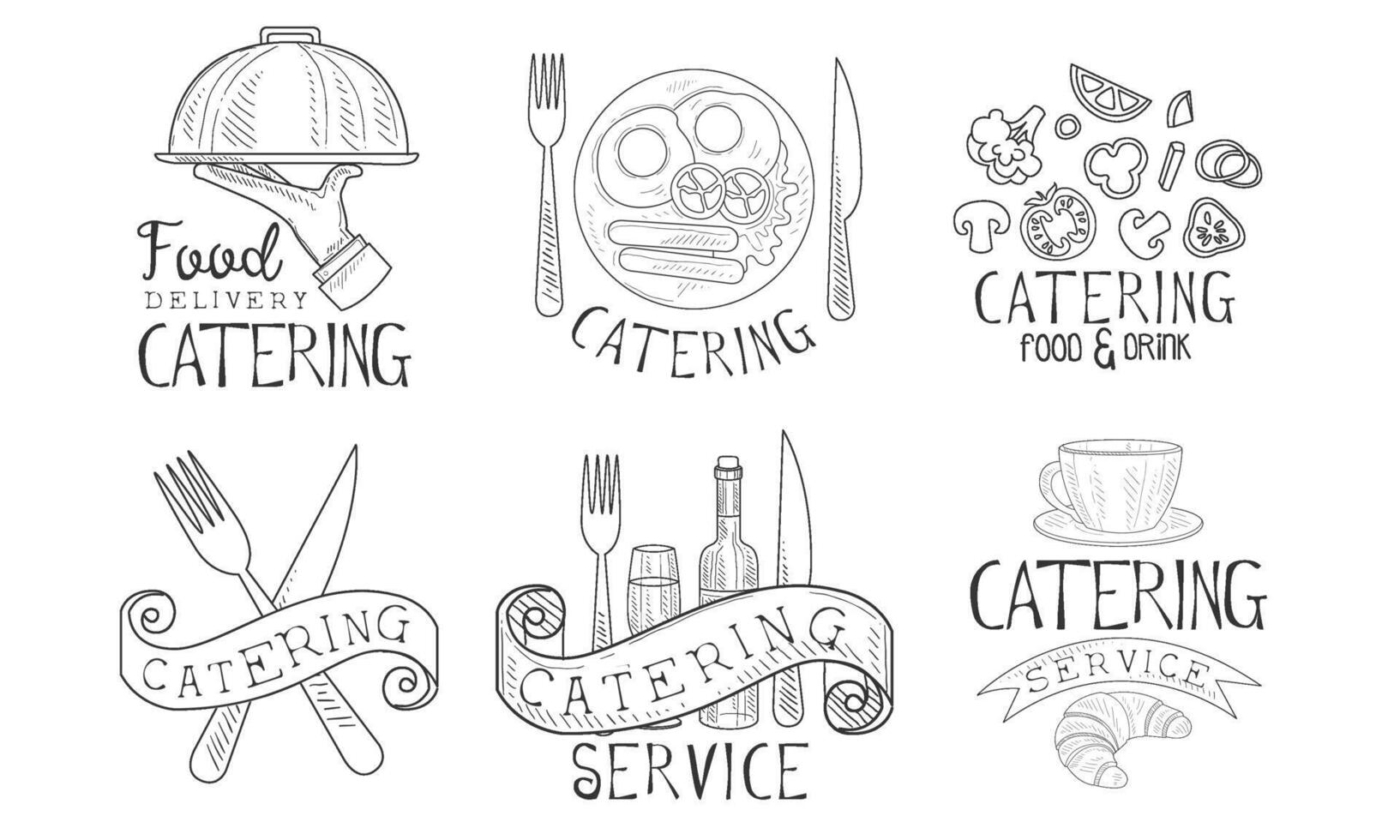 Catering Service Hand Drawn Retro Labels Set, Food Delivery Monochrome ...