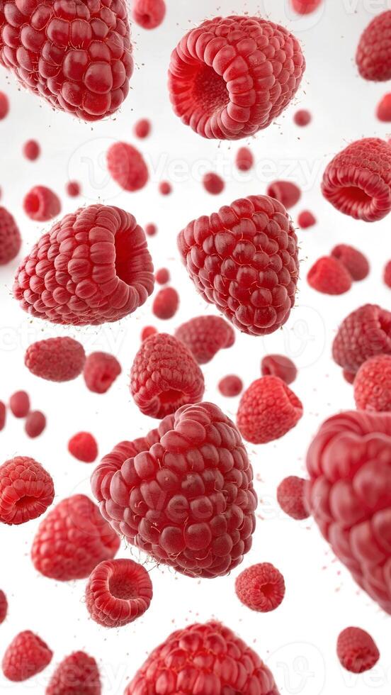 Falling and floating raspberry forms a amazing vertical background ...