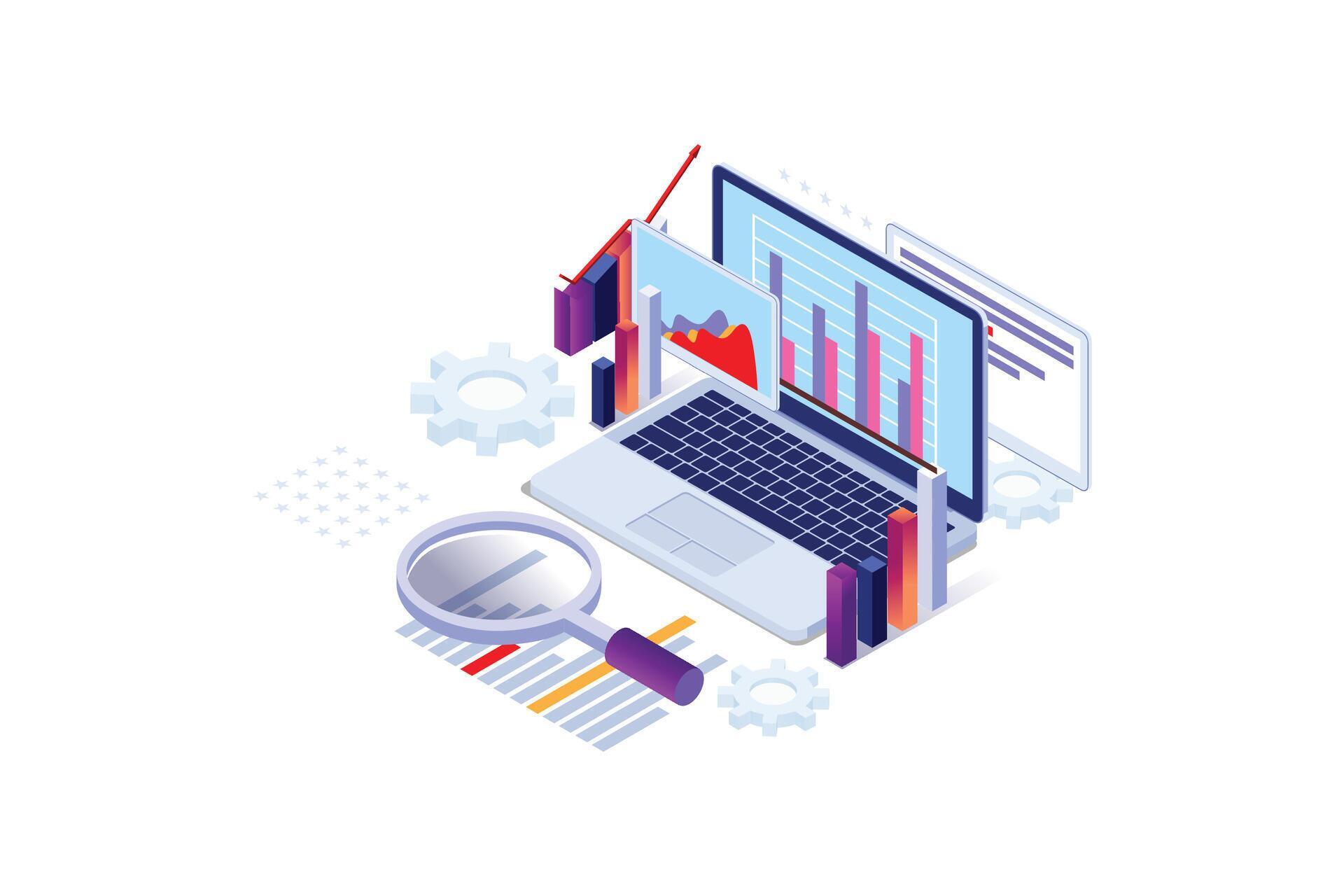 Modern Isometric Concept with laptop computer, charts diagrams, graphs and place for text. Tools ...