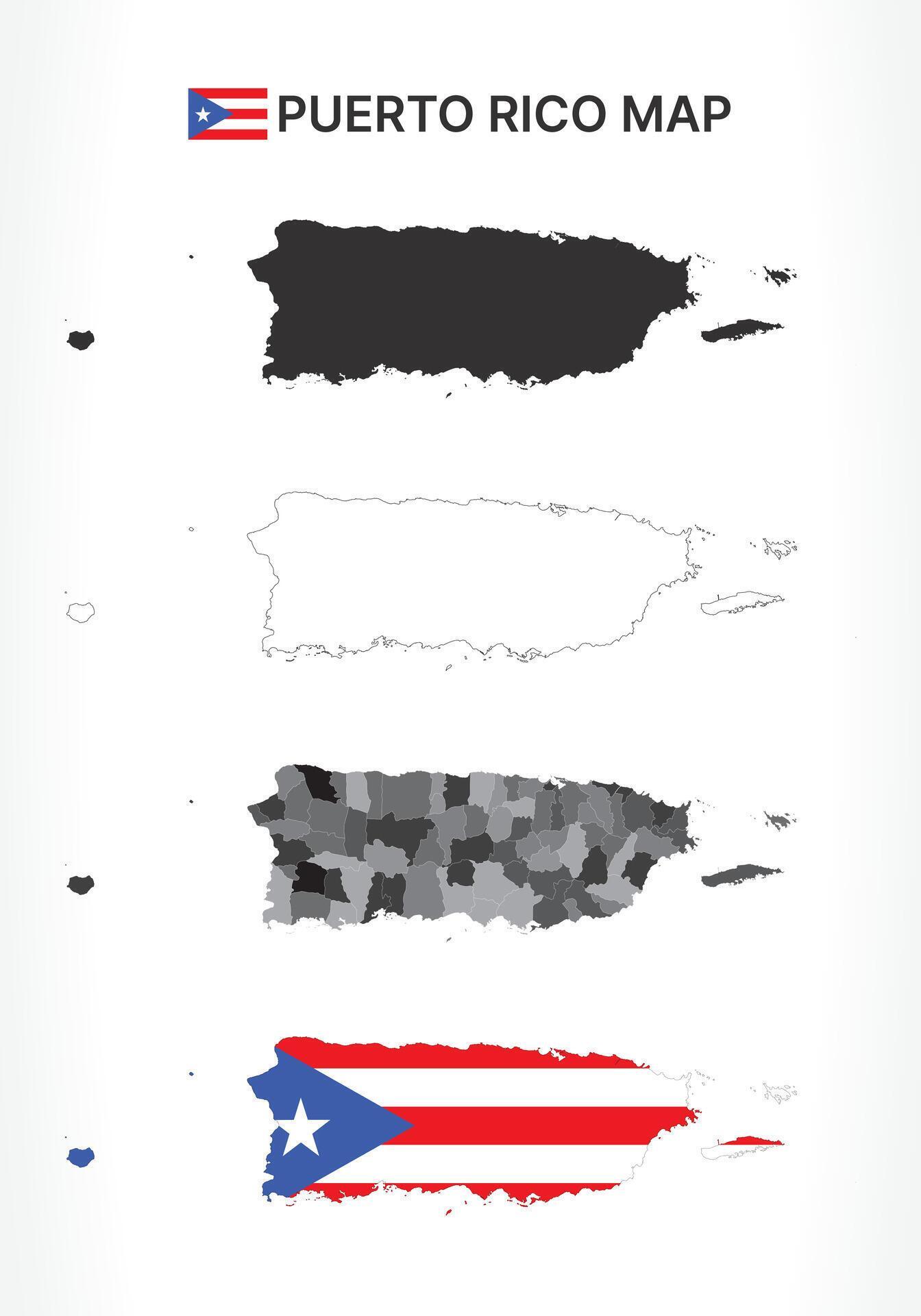 Detailed Puerto Rico Map Collection with Outline, Silhouette, Municipalities, and Flag Overlay ...