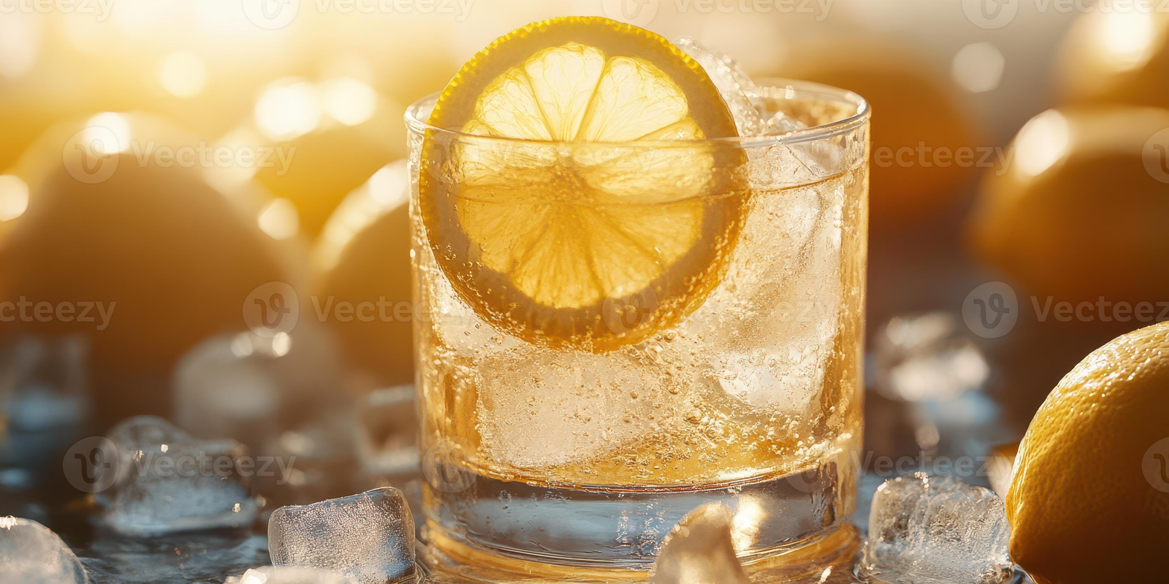 Refreshing citrus drink with ice and lemon slice garnished, captured in warm sunlight 56339205 ...