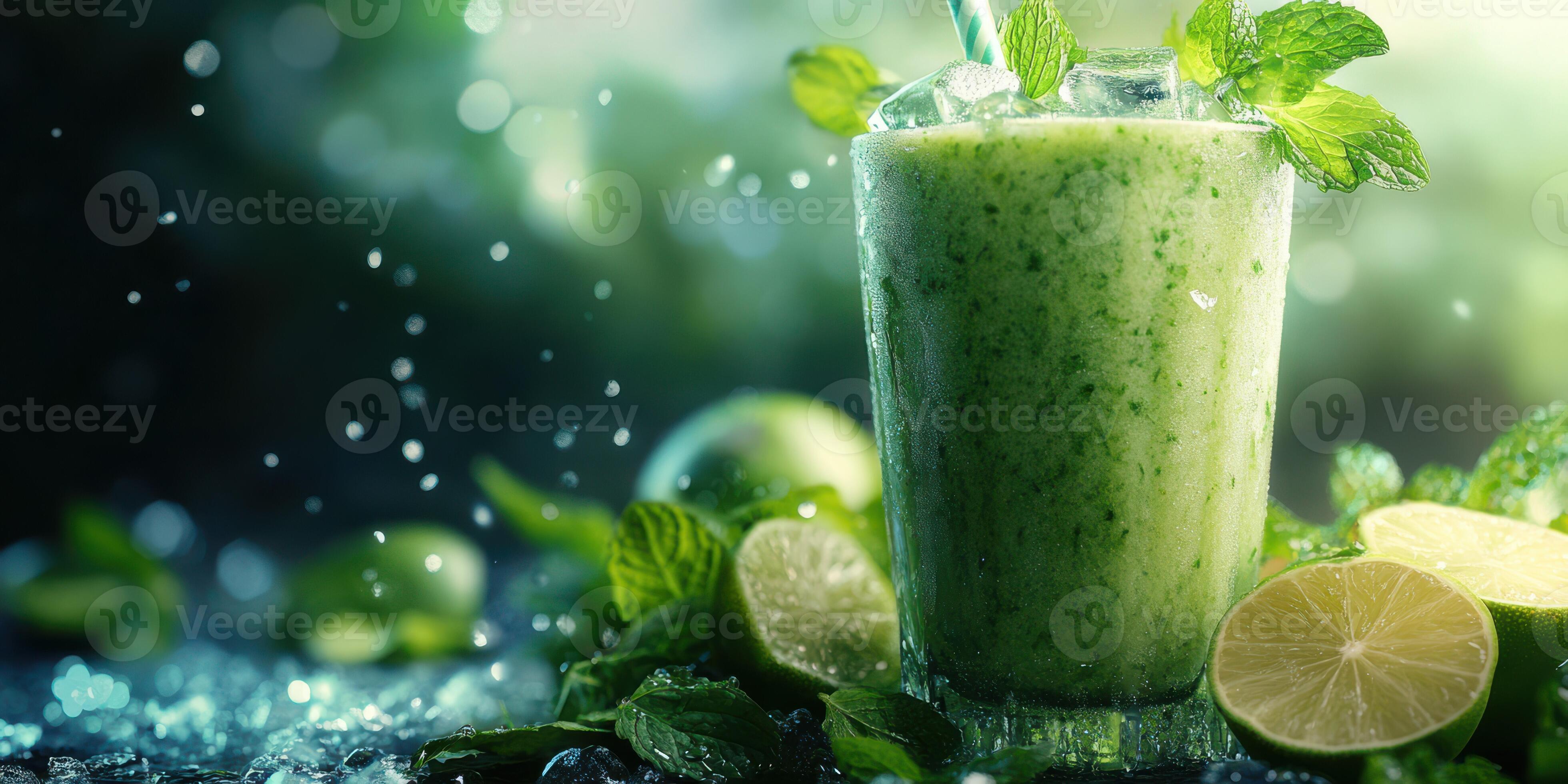 Refreshing green smoothie with mint and lime in a cool setting with splashing water 56339367 ...