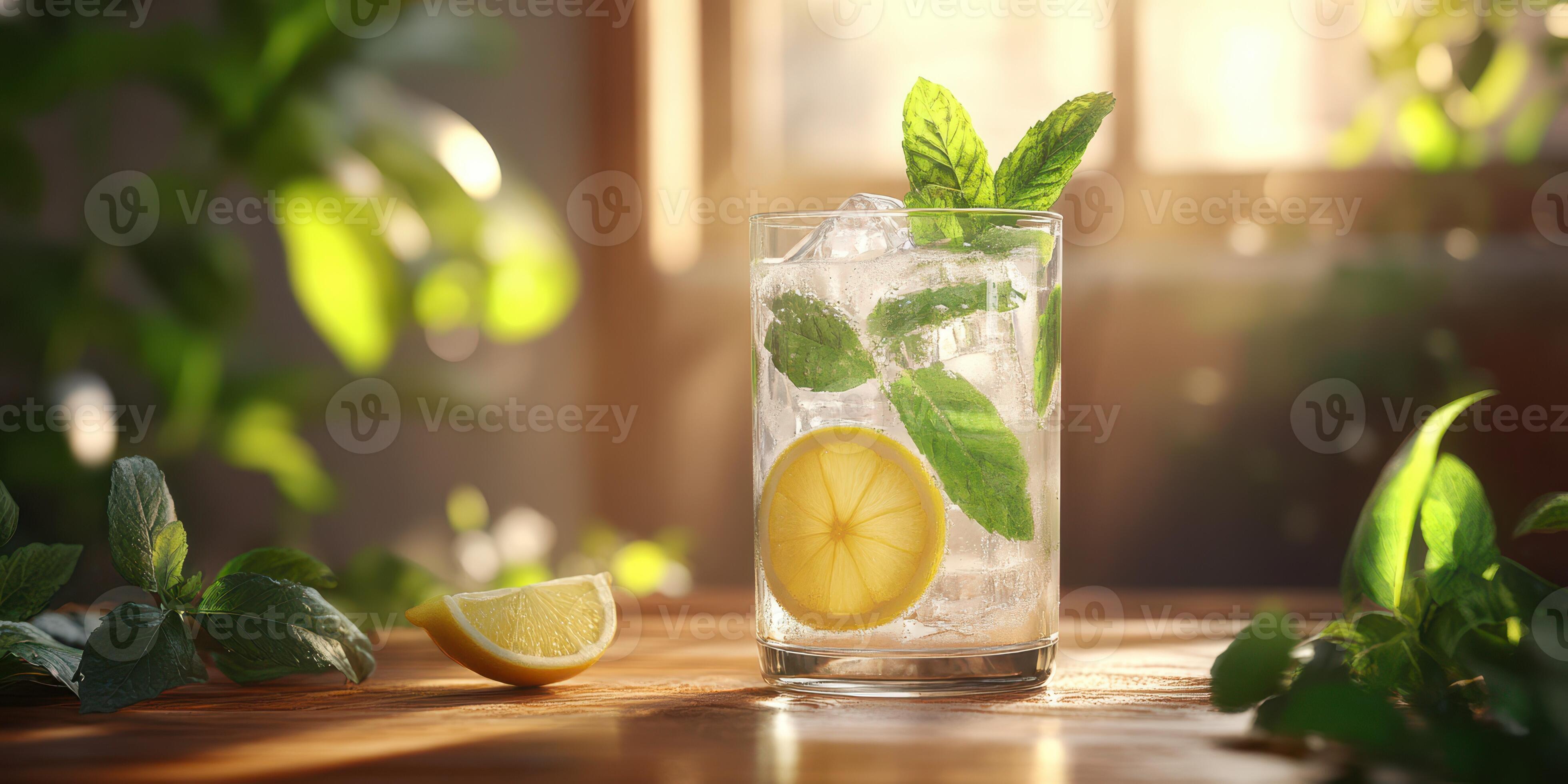 Refreshing lemonade with mint leaves served in a glass on a wooden table near a sunlit window ...
