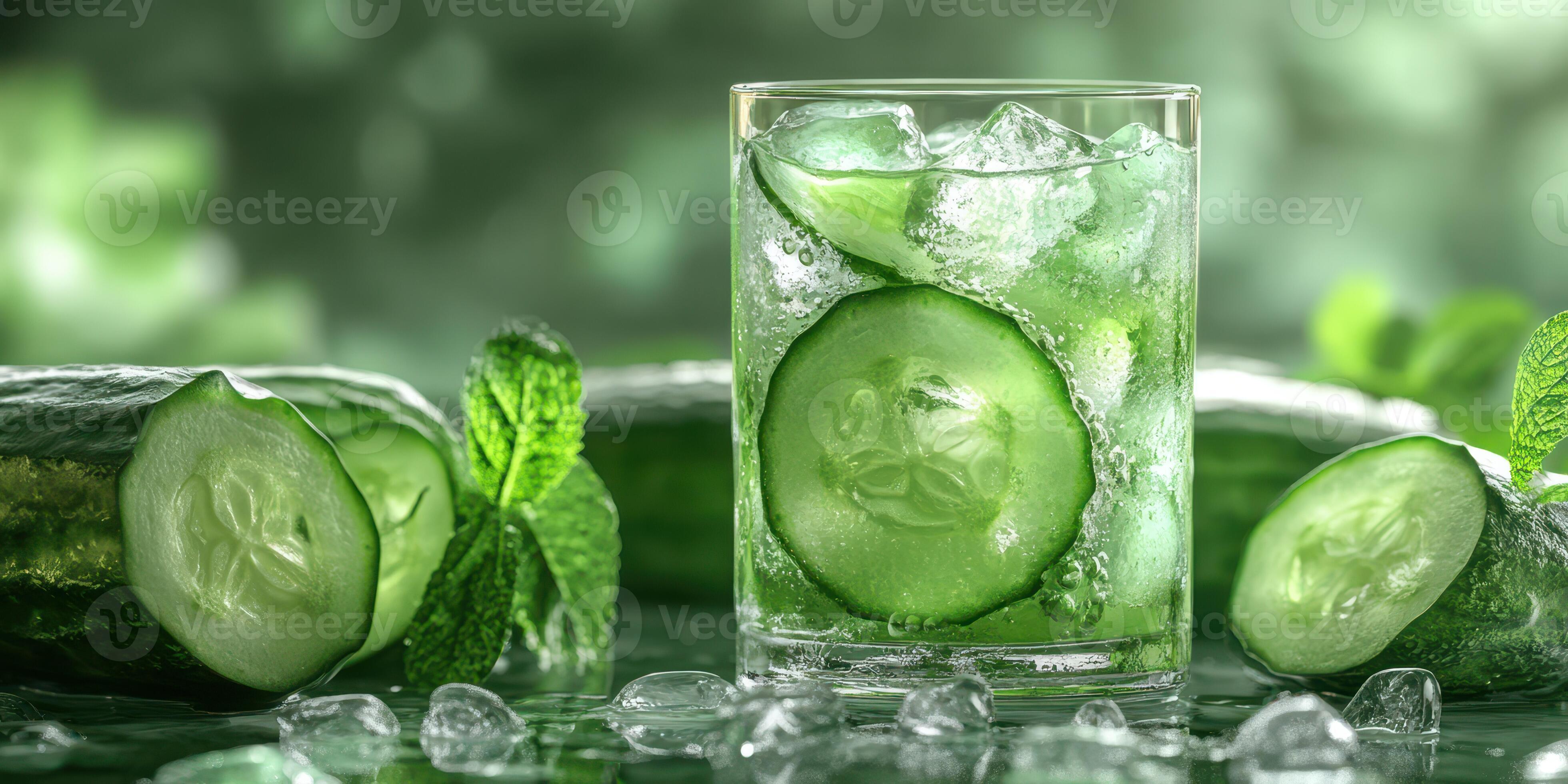 Refreshing cucumber mint drink served in a glass with ice and fresh cucumber slices in a lush ...