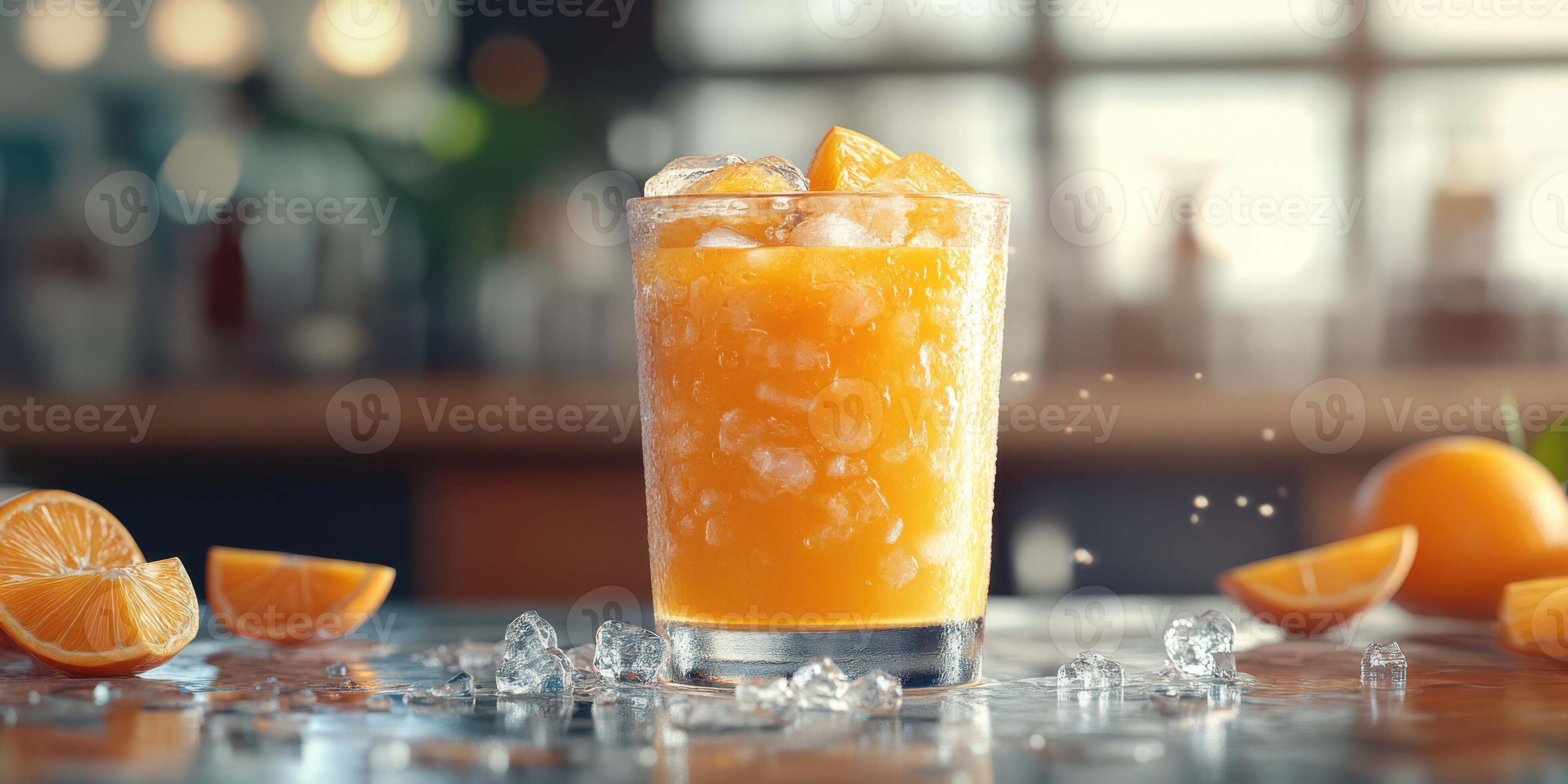 Refreshing orange drink with ice and citrus slices displayed in bright, modern cafe setting ...