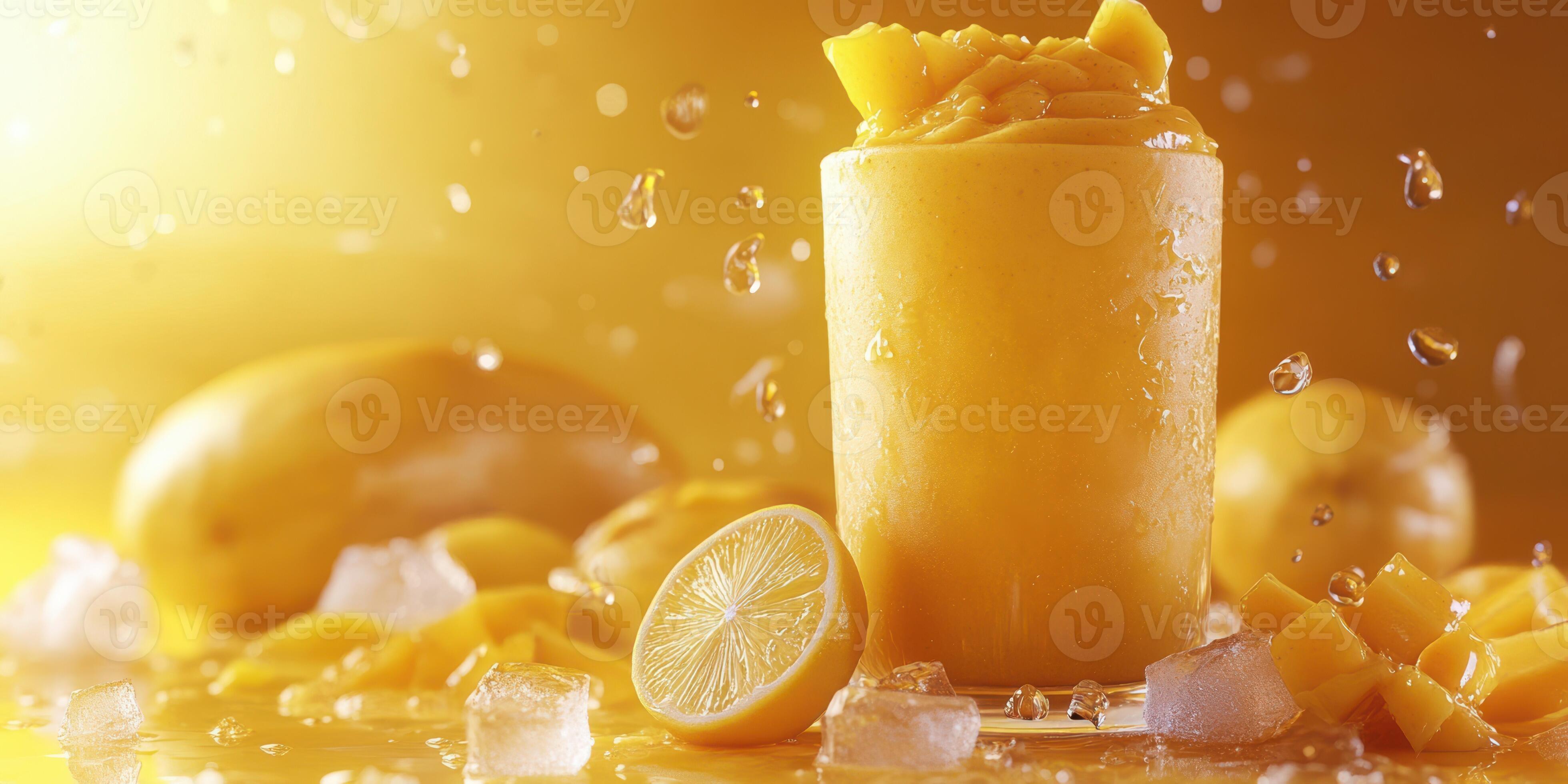 Refreshing mango smoothie with ice and lemon garnishes on a bright yellow background during a ...