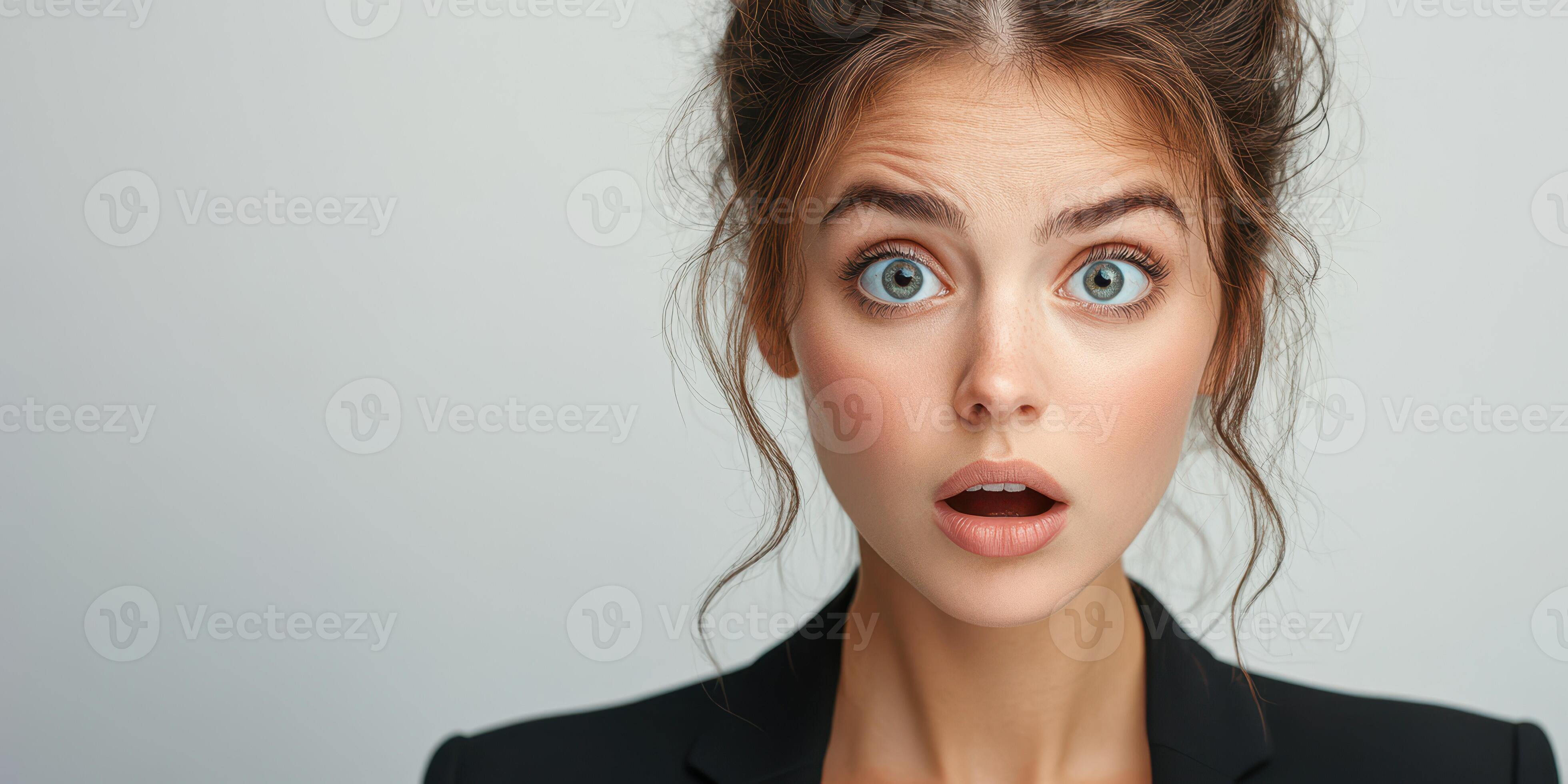 Surprised young woman expressing emotion with wide eyes and open mouth in a neutral setting ...