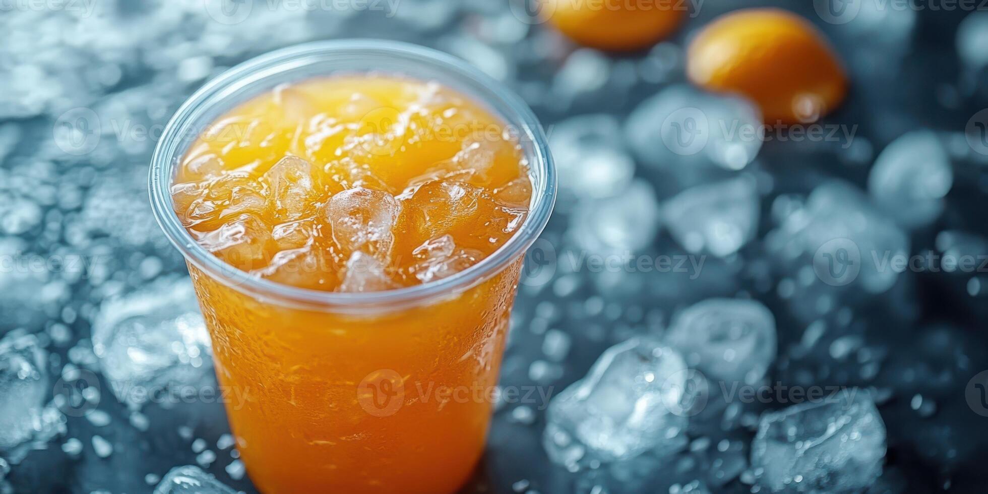 Refreshing orange drink with ice on a countertop decorated with citrus fruits during a summer ...