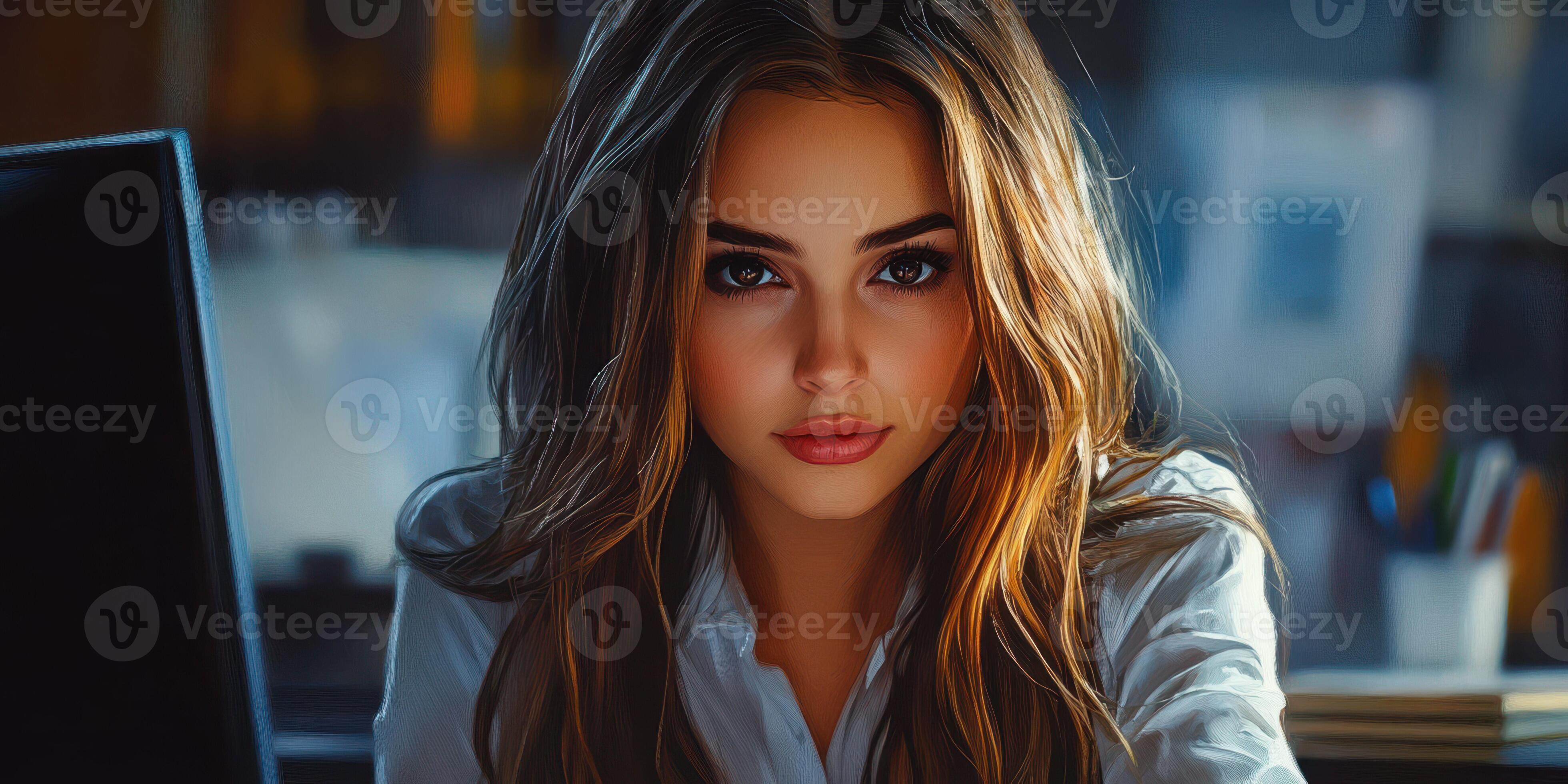 Young woman with captivating gaze working at a desk in a cozy office ...