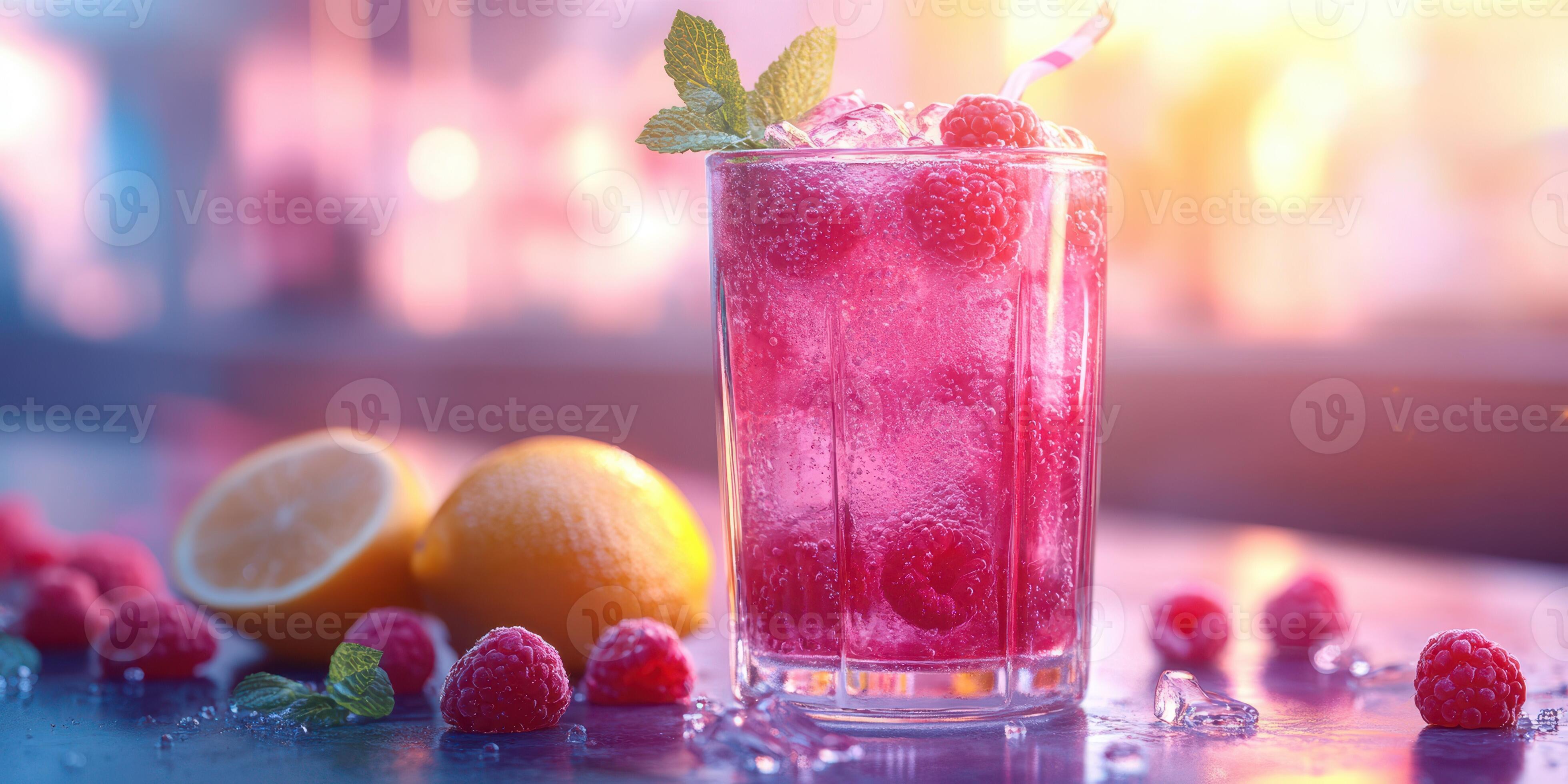 Refreshing raspberry lemonade drink with mint and ice on a sunny bar table at sunset 56355694 ...