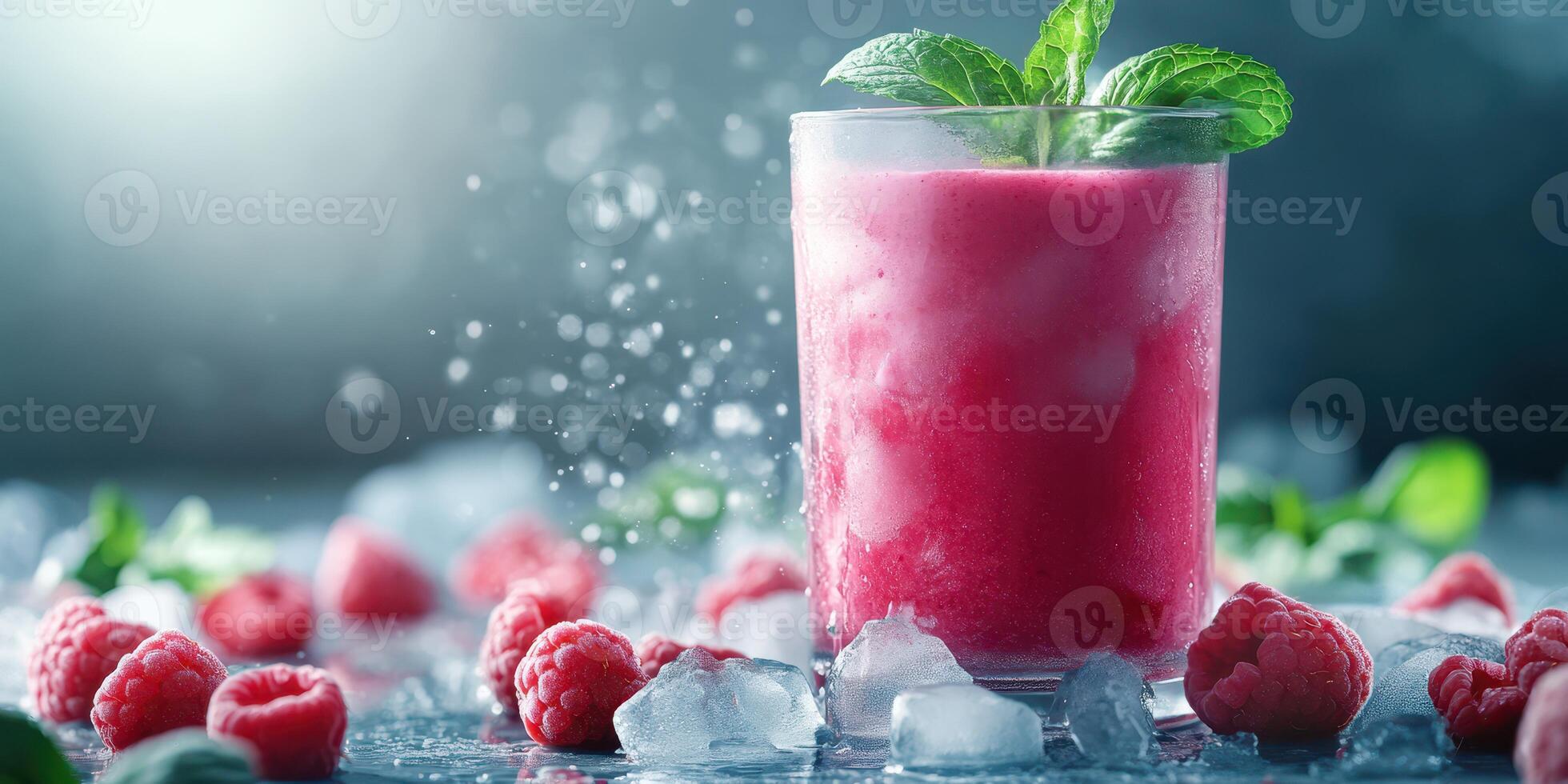Refreshing raspberry smoothie with mint leaves on a sparkling background with ice cubes 56355712 ...