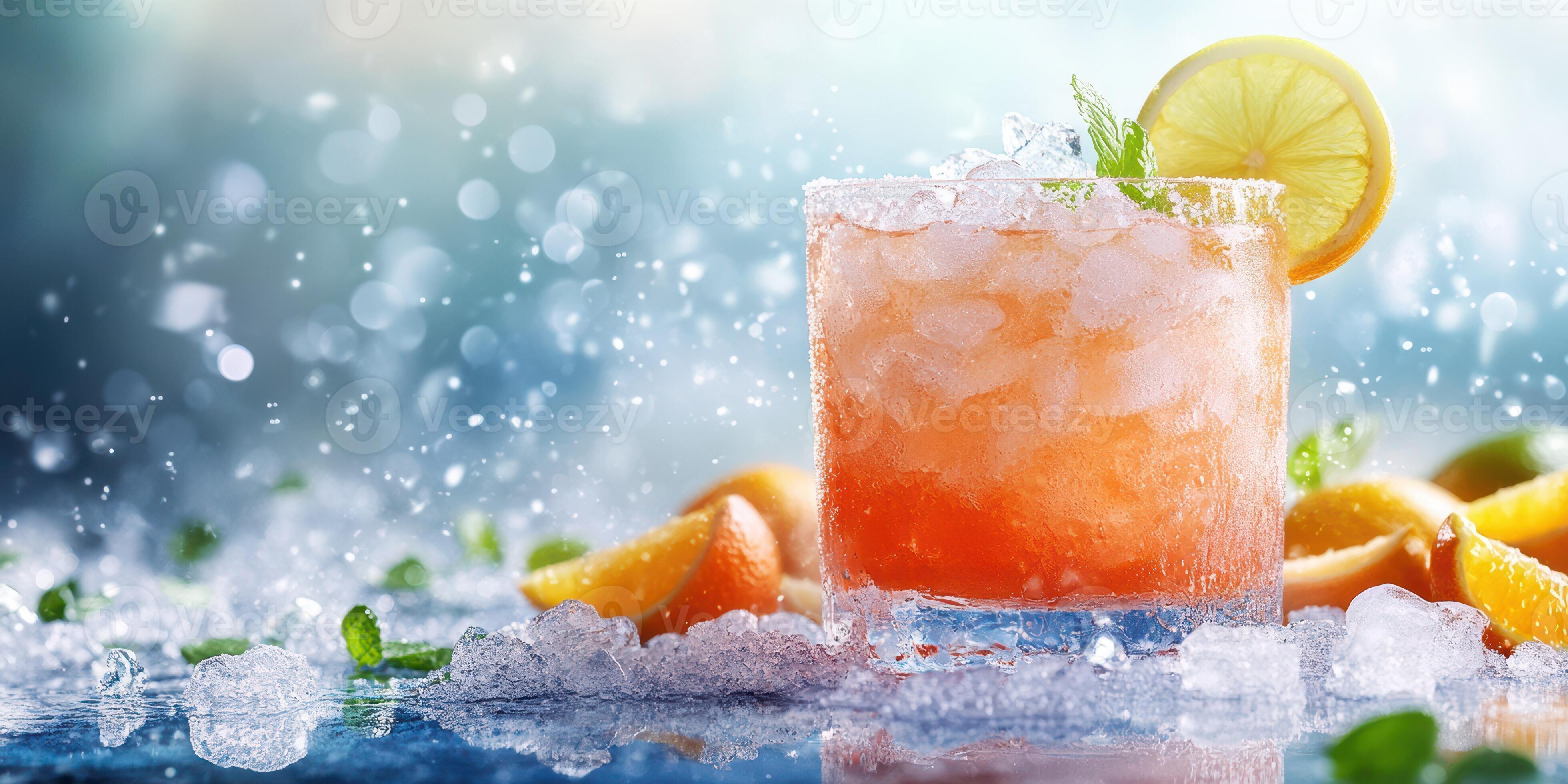 Refreshing summer cocktail with ice and citrus garnishes on a bright background 56355780 Stock ...