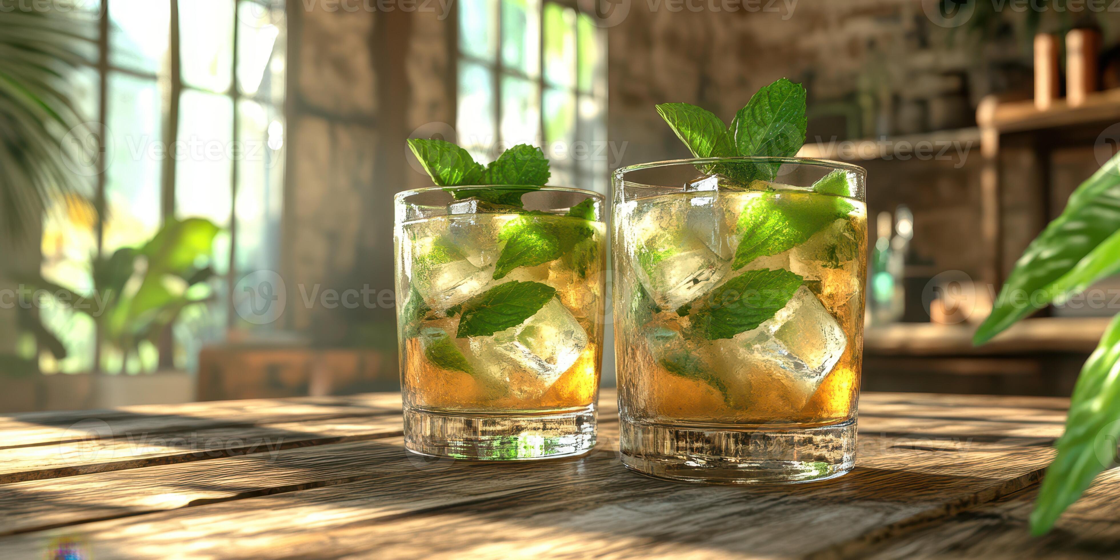 Refreshing cocktails with mint and ice in a sunlit rustic setting 56358504 Stock Photo at Vecteezy