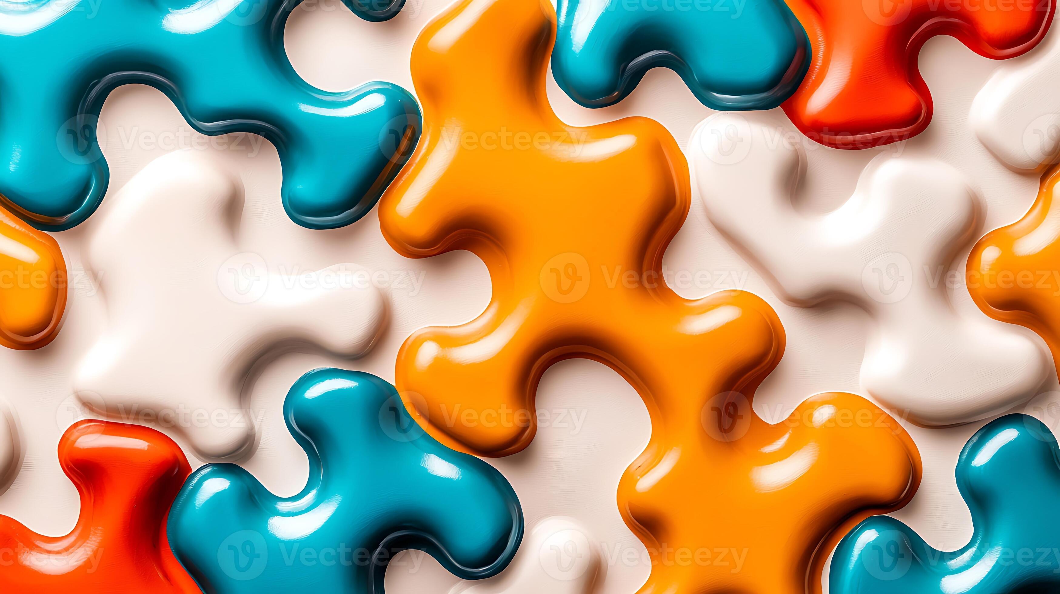 Colorful abstract puzzle pieces interlocking on a smooth surface ...