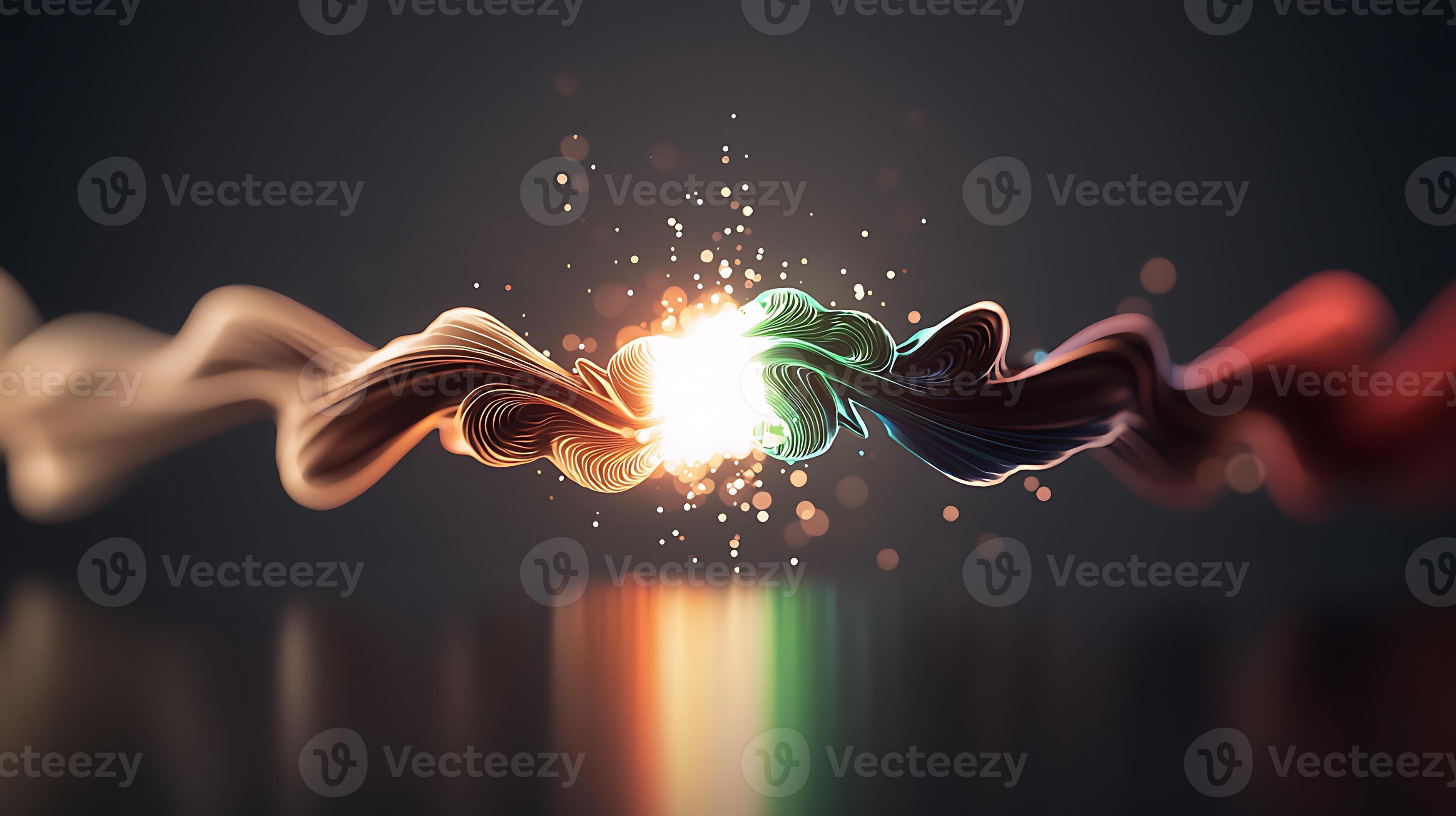 Colorful abstract waves intertwining with sparks in a dark background, creating a vibrant visual ...