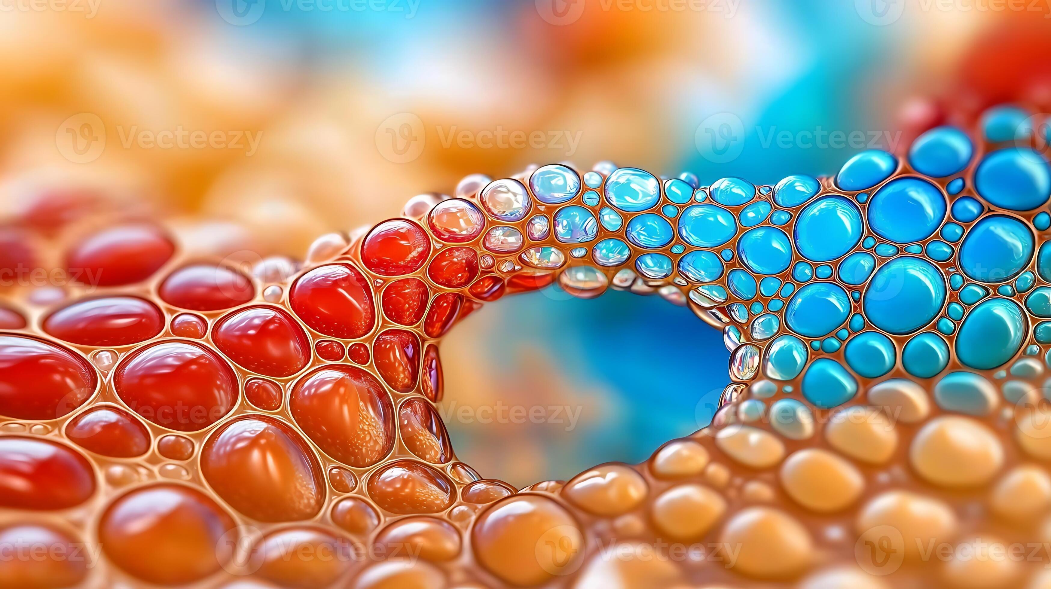 Colorful close-up of bubbles merging in vibrant hues, creating an ...
