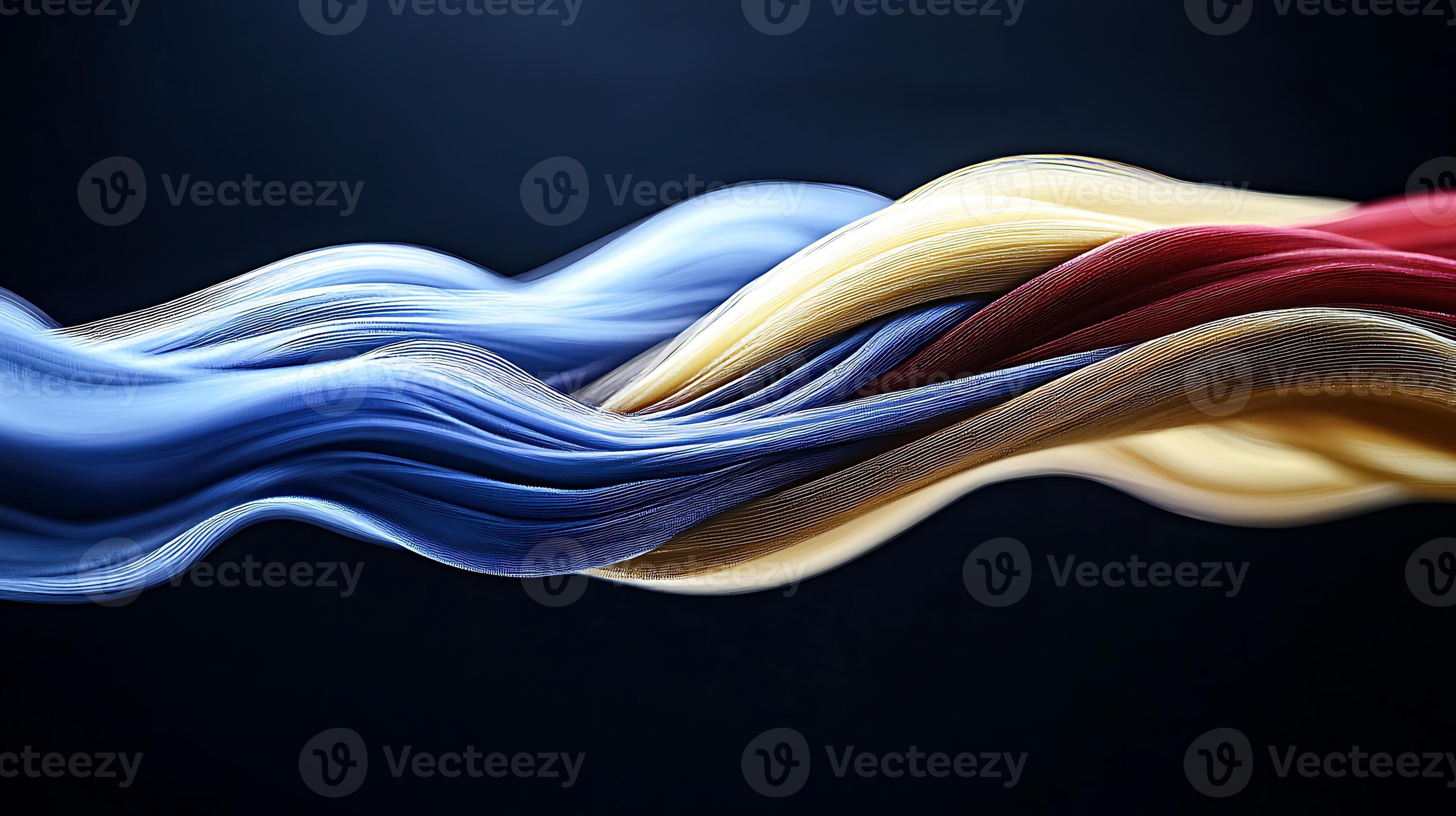 Colorful flowing fabric strands intertwining against a dark backdrop, creating a dynamic visual ...