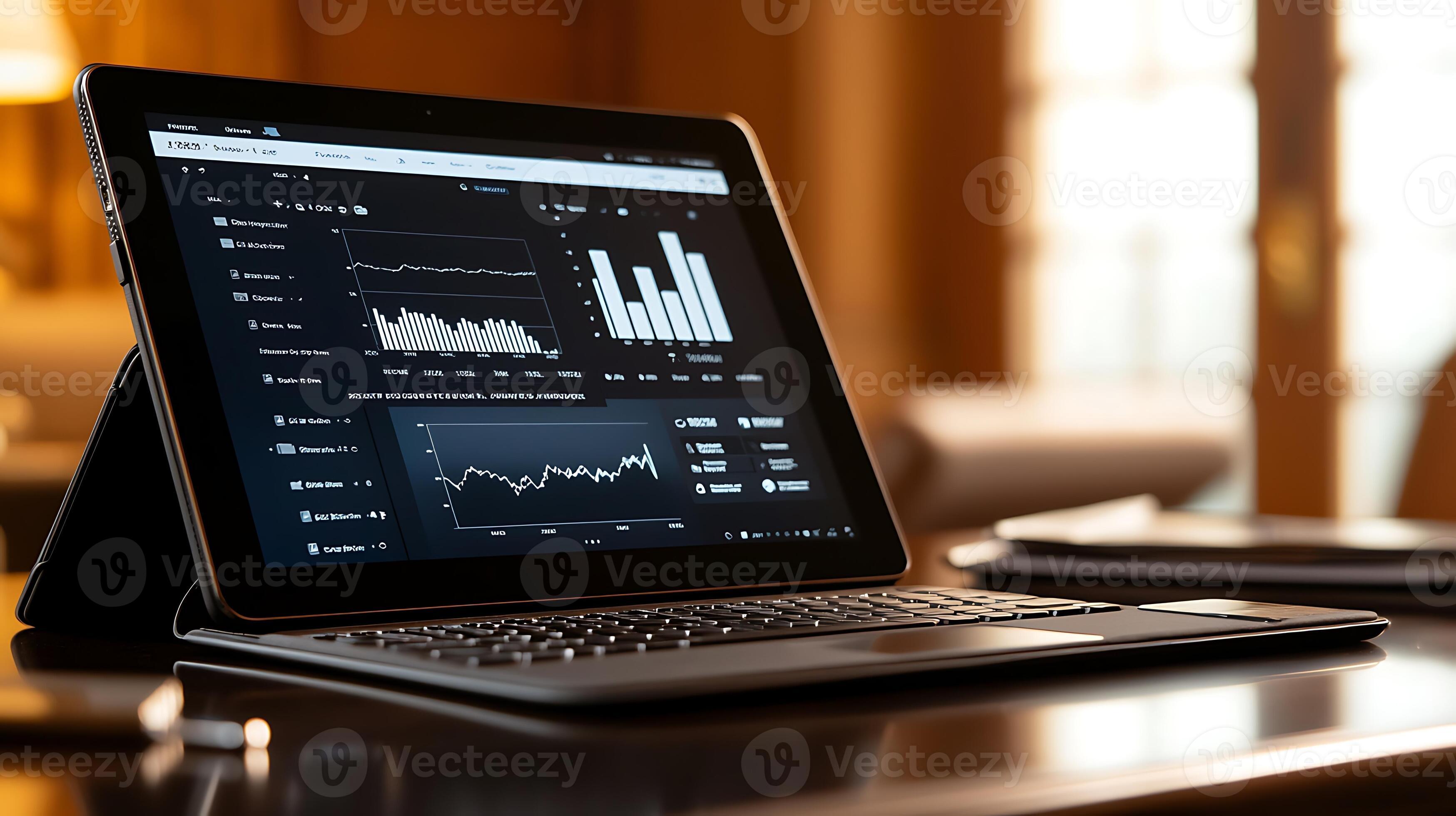 Tablet displaying financial graphs and data analysis in a cozy office ...