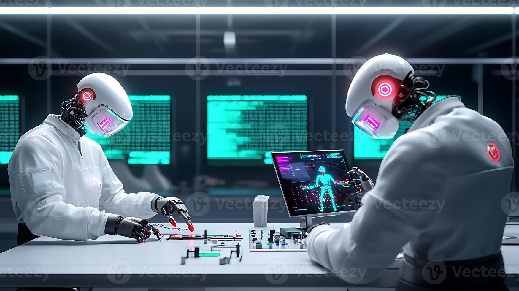Two humanoid robots engaged in a high-tech laboratory analyzing data on a screen 56366272 Stock ...