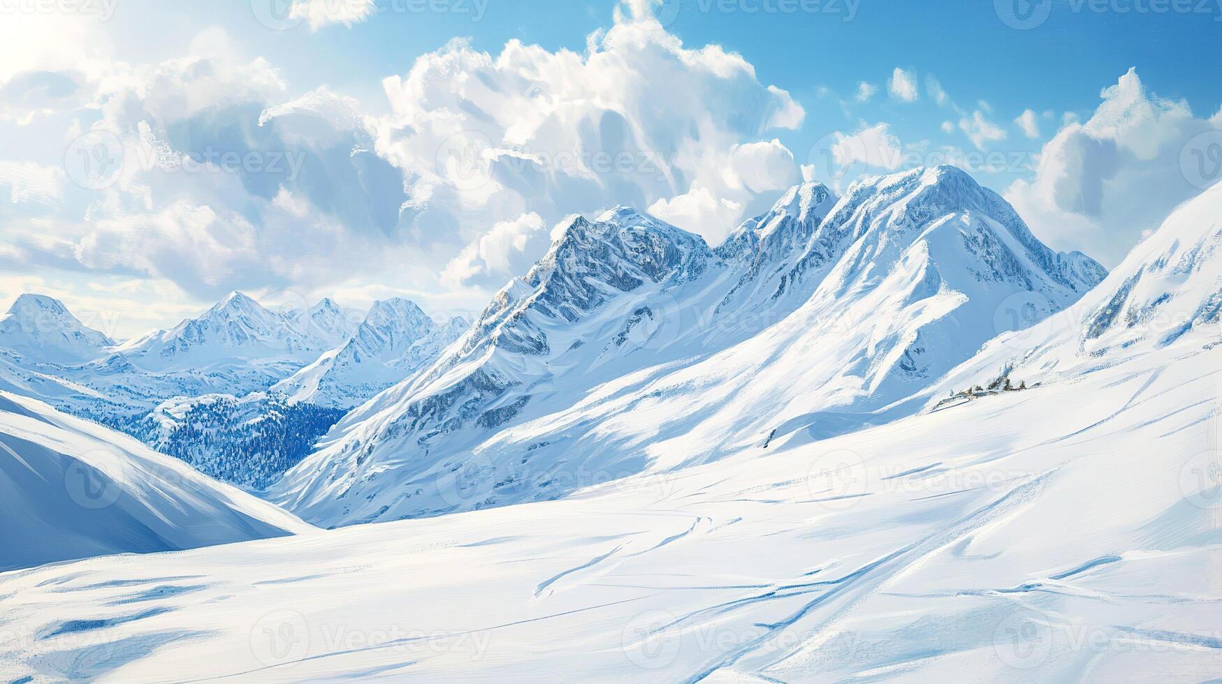 majestic snow-capped mountains rising above pristine slopes under a ...