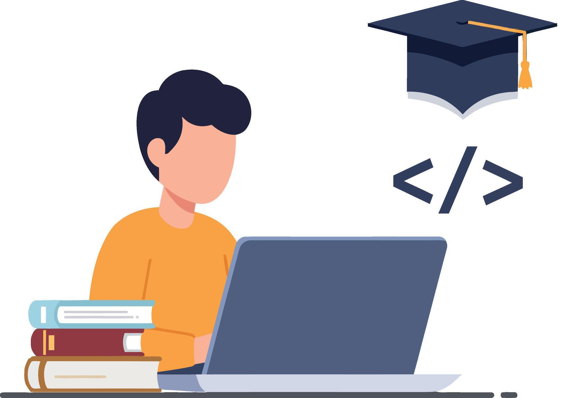 Student coding on laptop with books and graduation cap above screen ...