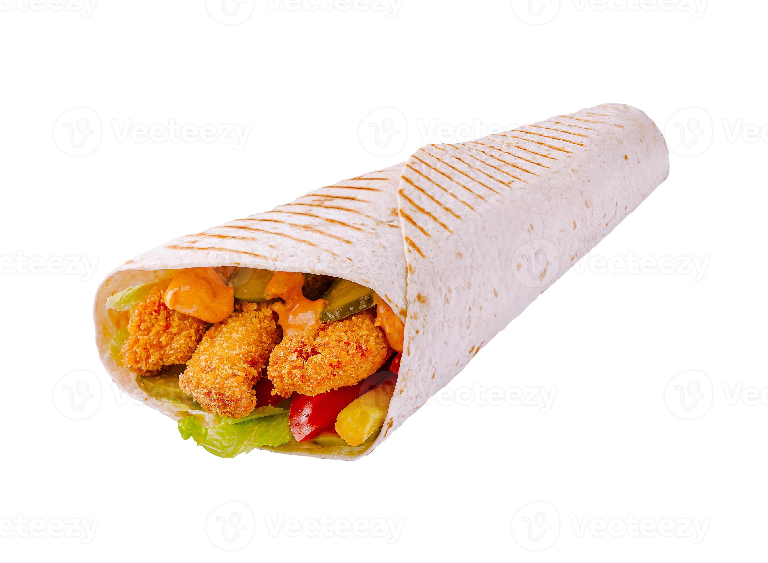 Crispy fried chicken wrap with fresh vegetables and flavorful sauce in ...