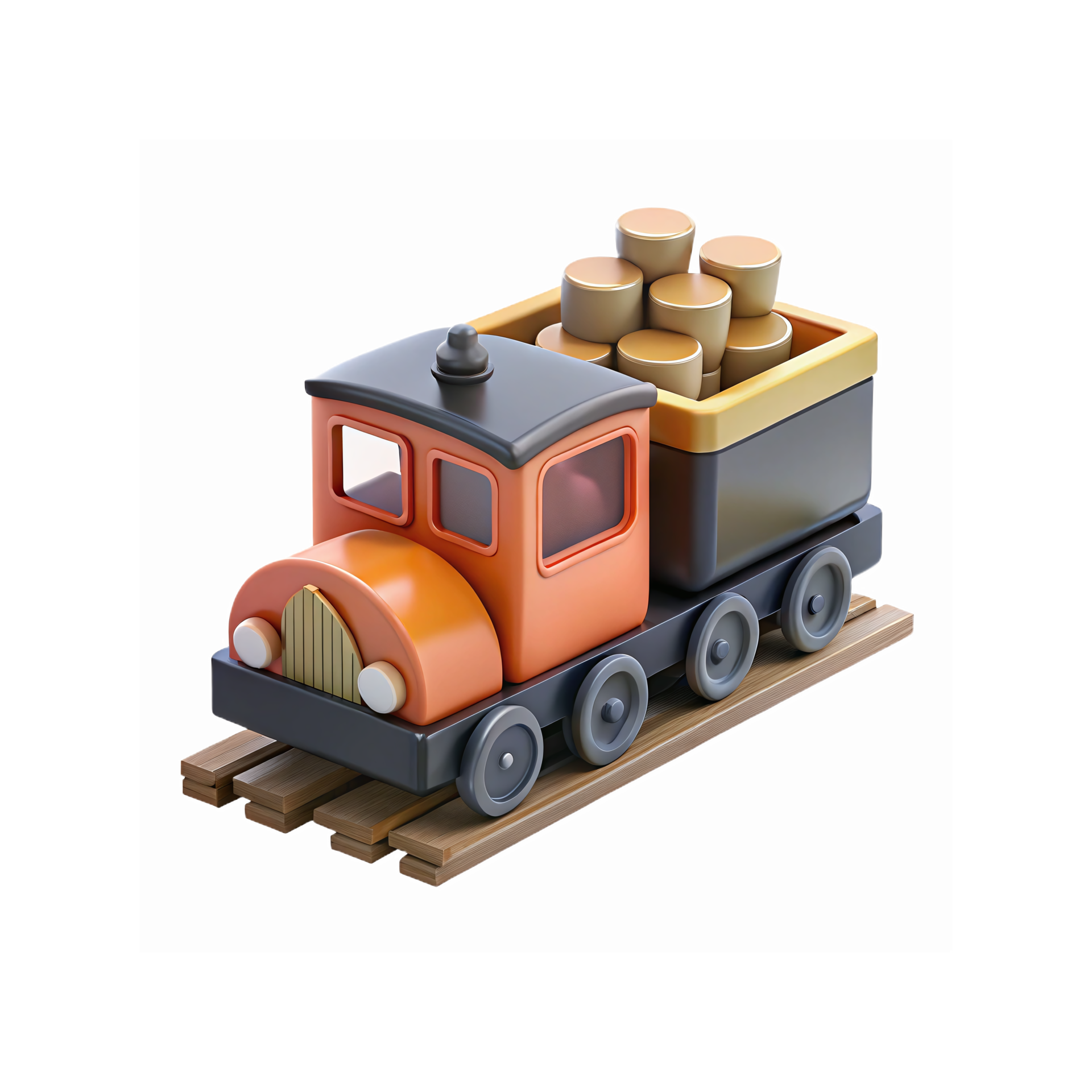 Orange Toy Train with Wooden Rails and Black Cargo Carrying Cylindrical Barrels for Kids Play ...