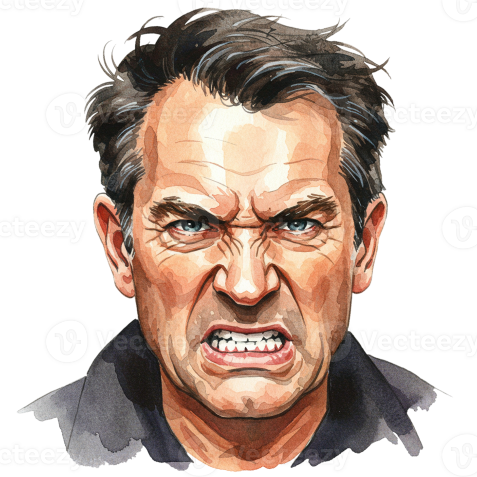 Angry Man Face Portrait Watercolor Illustration Intense Expression Art ...