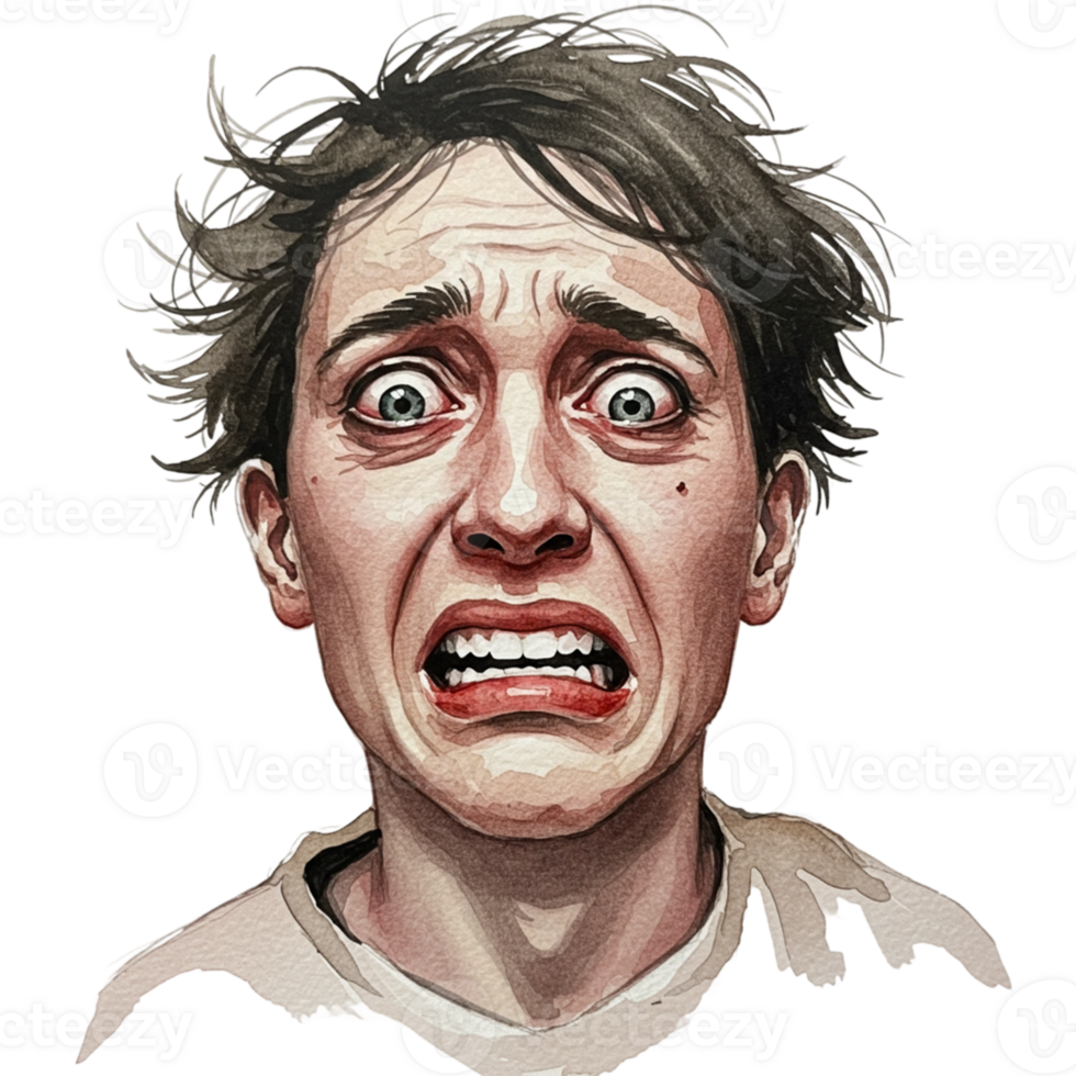 Terrified Young Man Watercolor Portrait Intense Fear Expression Anxiety ...